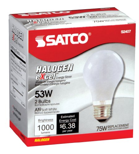 Satco S2407 53 Watt (75 Watt) 1050 Lumens A19 Halogen Warm White 3000K Soft White Light Bulb, 2-Pack