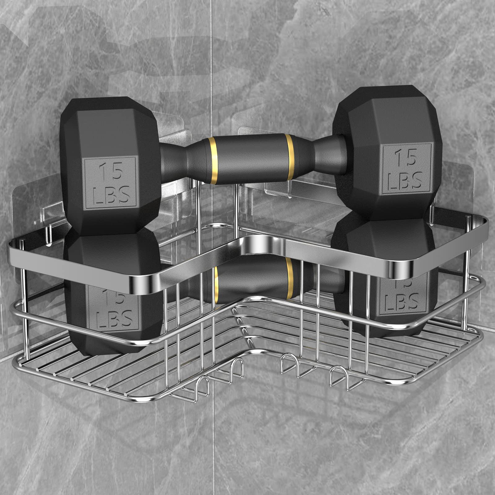 Yazoni Corner Shower Caddy, Adhesive Shower Shelves No Drilling [2-Pack], Rustproof Stainless Steel Bathroom Shower Organizer with 8 Hooks, Shower Shelf for Inside Shower (Silver)