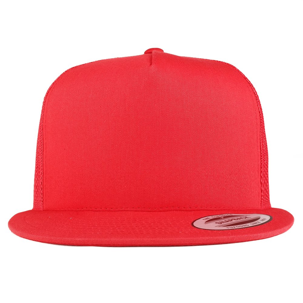 Trendy Apparel Shop Flexfit Brand 5 Panel Classic Trucker Flatbill Mesh Snapback Cap - RED