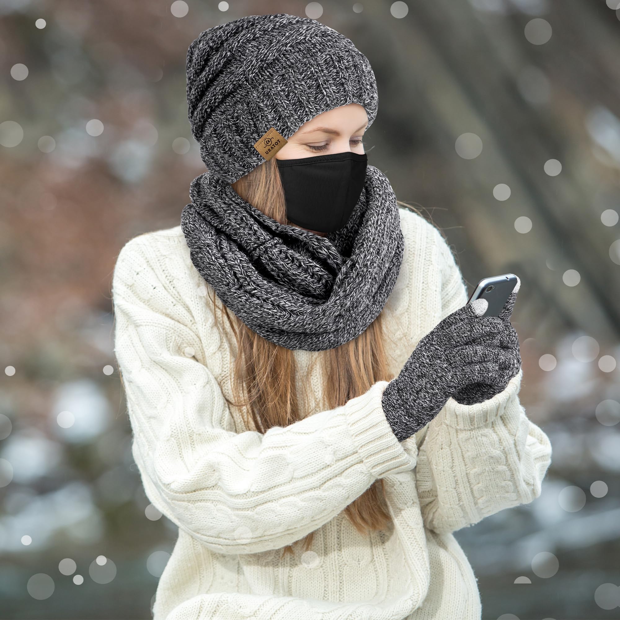 URATOT Winter Knitted Warm Set Infinity Scarf and Hat Touch Screen Gloves for Men and Women