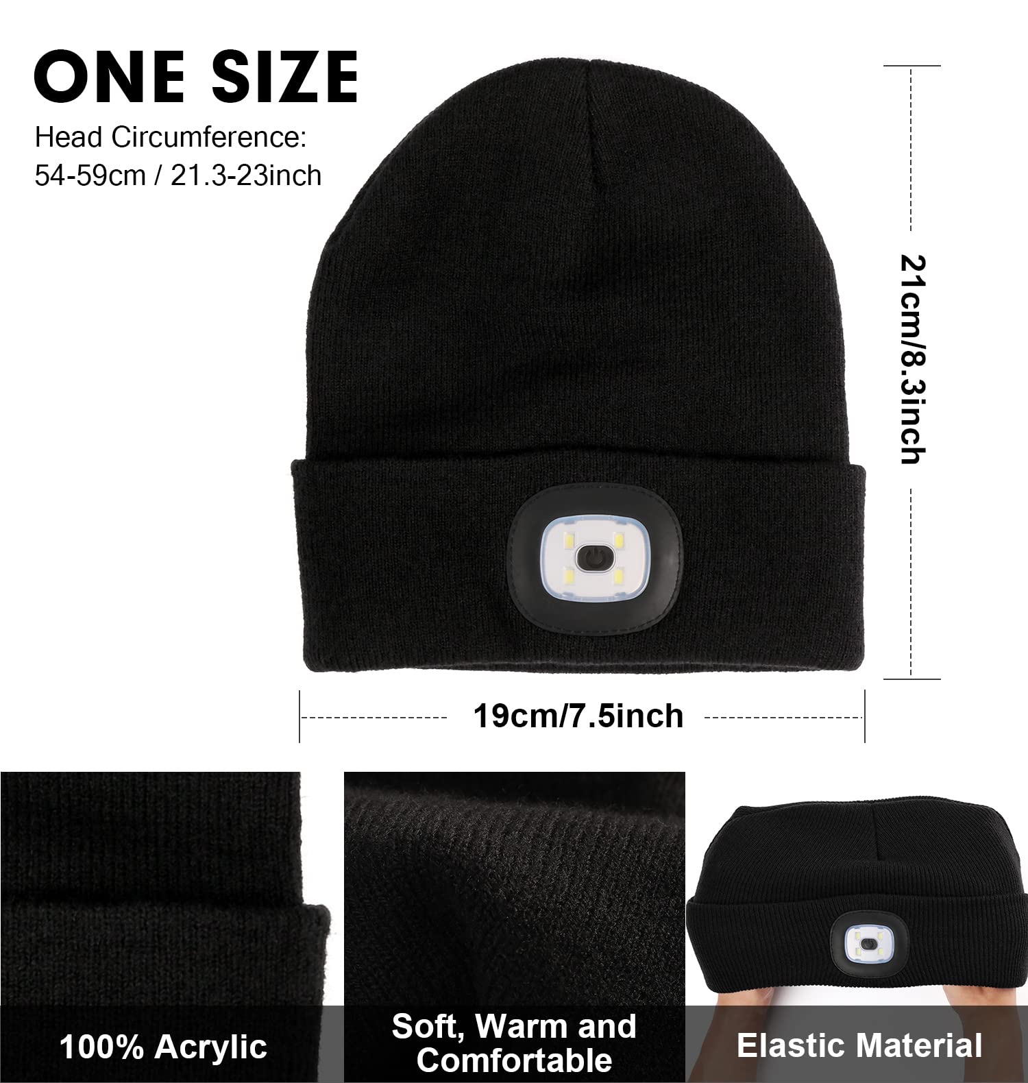 Unisex Beanie with Light, USB Rechargeable LED Headlamp Beanie, Gifts for Dad Father Men Husband Warm Knitted Cap Black