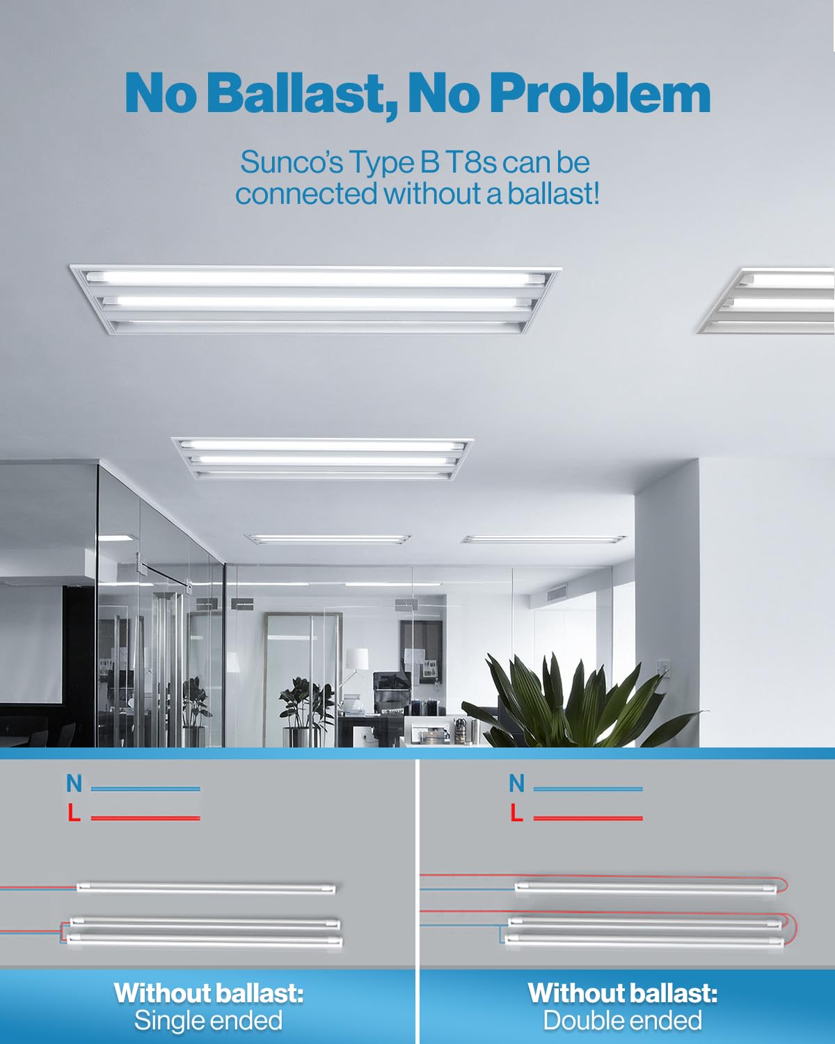 Sunco 10 Pack T8 LED Tubes 4FT Fluorescent Replacement, 48 Inch, 18W, 2200LM, 5000K Daylight, Single Ended Power, Type B, Ballast Bypass, Frosted Lens UL