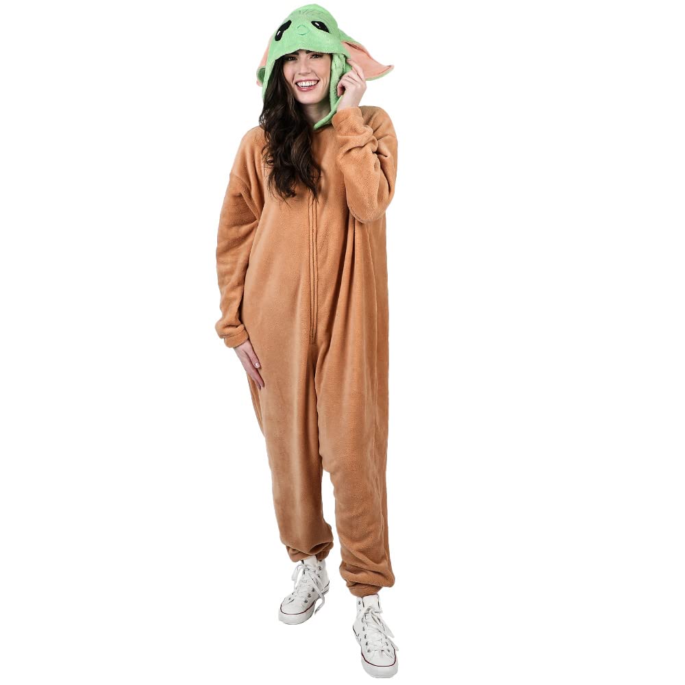 Star Wars The Mandalorian Baby Grogu Hooded Kigurumi Union Suit Pajama Onesie with Ears-Medium Brown