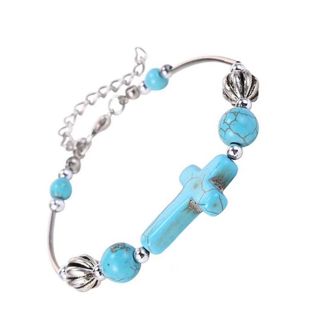 WEILYDF Turquoise Bracelet Classic Luxury Women Summer Unique Design Beaded Imitation Gemstone Butterfly Cross Bracelet Jewelry