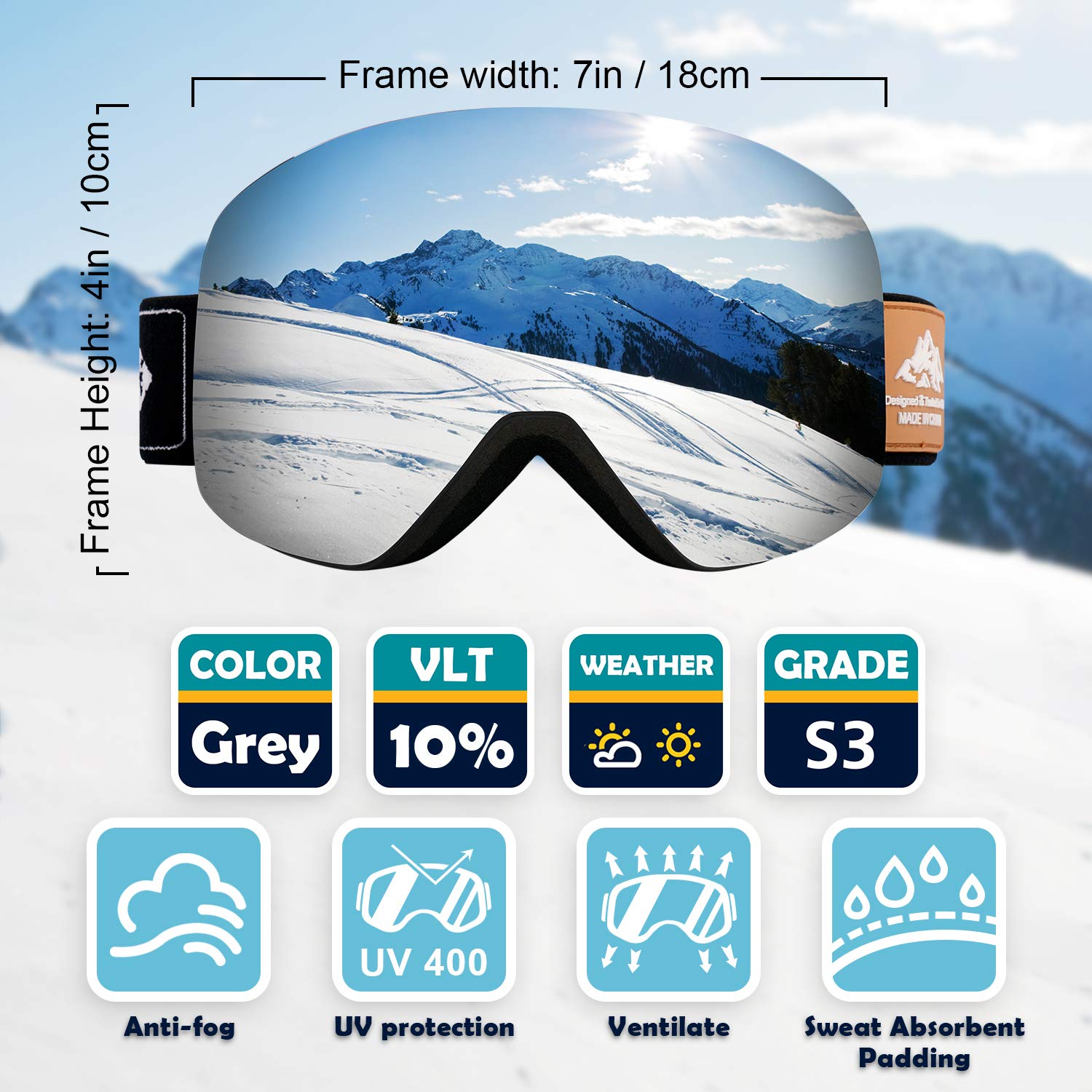 XGEAR Frameless Snow Goggles - Magnetic Interchangeable Lenses, 100% UV Protection, OTG Ski Goggles for Men and Women (Silver, VLT 10%)