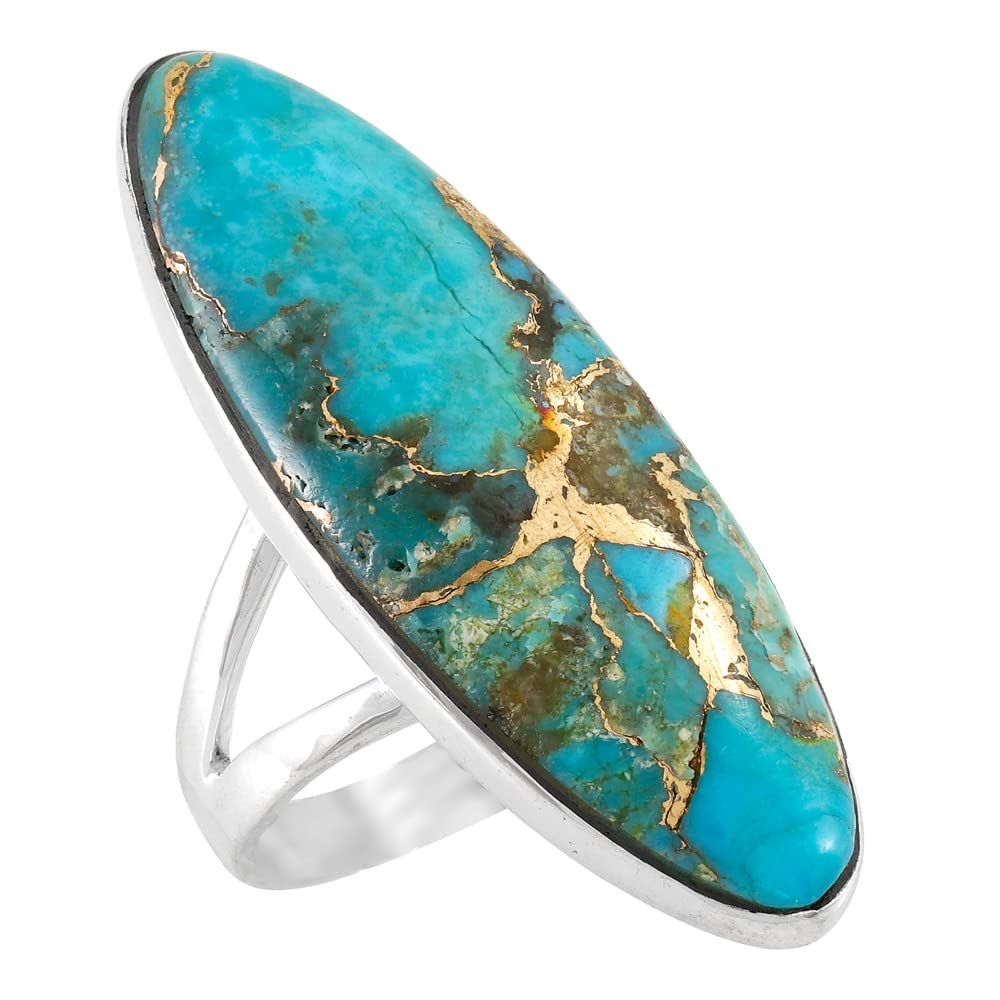 Turquoise Ring Sterling Silver 925 Genuine Gemstones Size 6 to 11 (Teal/Matrix Turquoise, 8)
