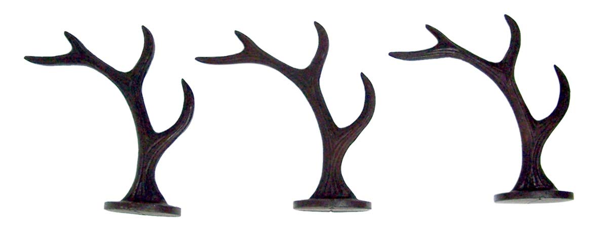 Wowser Four Point Dark Brown Deer Antler Cast Iron Wall Mount Coat Hooks, 5 1/2 Inch, Set of 3