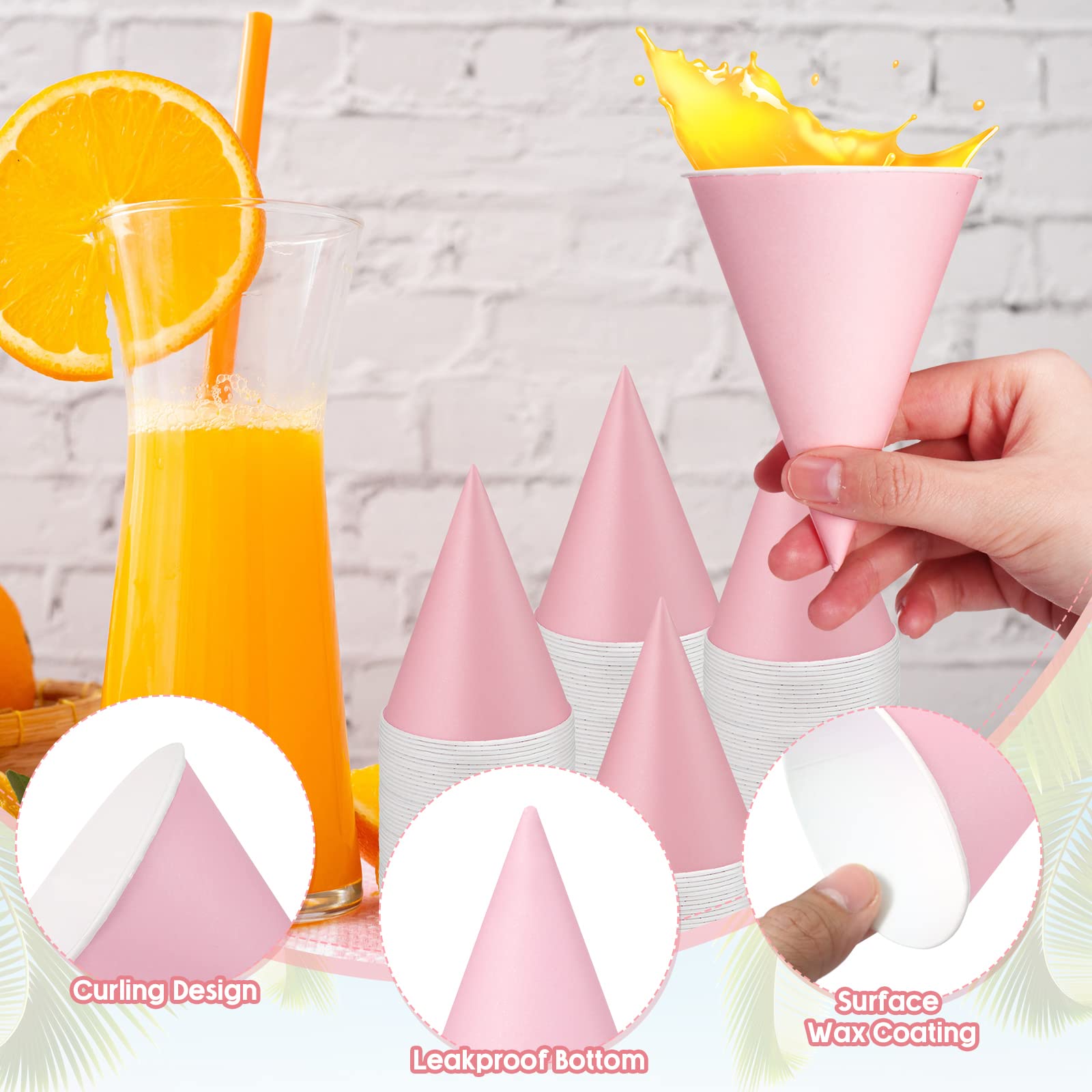 Zubebe 200 Pack Snow Cone Cups 4.5 Oz Cone Paper Cups Bulk Small Water Dispenser Cups Wax Coated Leakproof Cups for Office Water Coolers Shaved Ice, Slush Ice Cream (Pink)