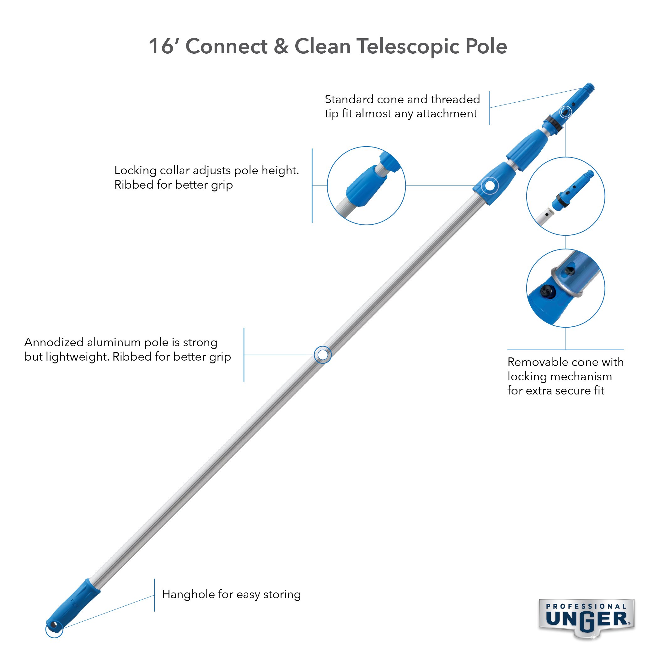 Unger Professional Connect & Clean Telescoping Extension Multi-Purpose Pole, Window, Dusting, 6-16 Foot with Removable Cone