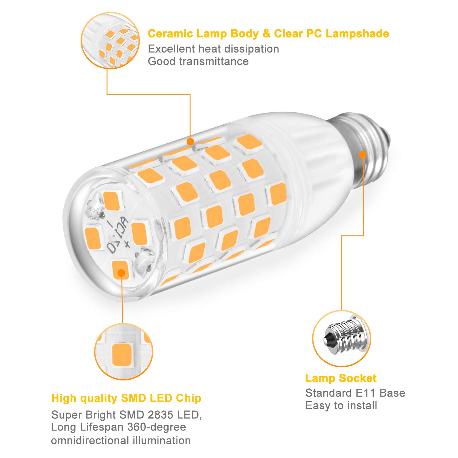 YUIIP E11 LED Dimmable Bulb 6W (50W 60W Halogen Bulbs Equivalent), Warm White 3000K JD E11 Mini Candelabra Base Corn Light Bulb, AC120V for Chandeliers Ceiling Fan Light, (Pack of 4)