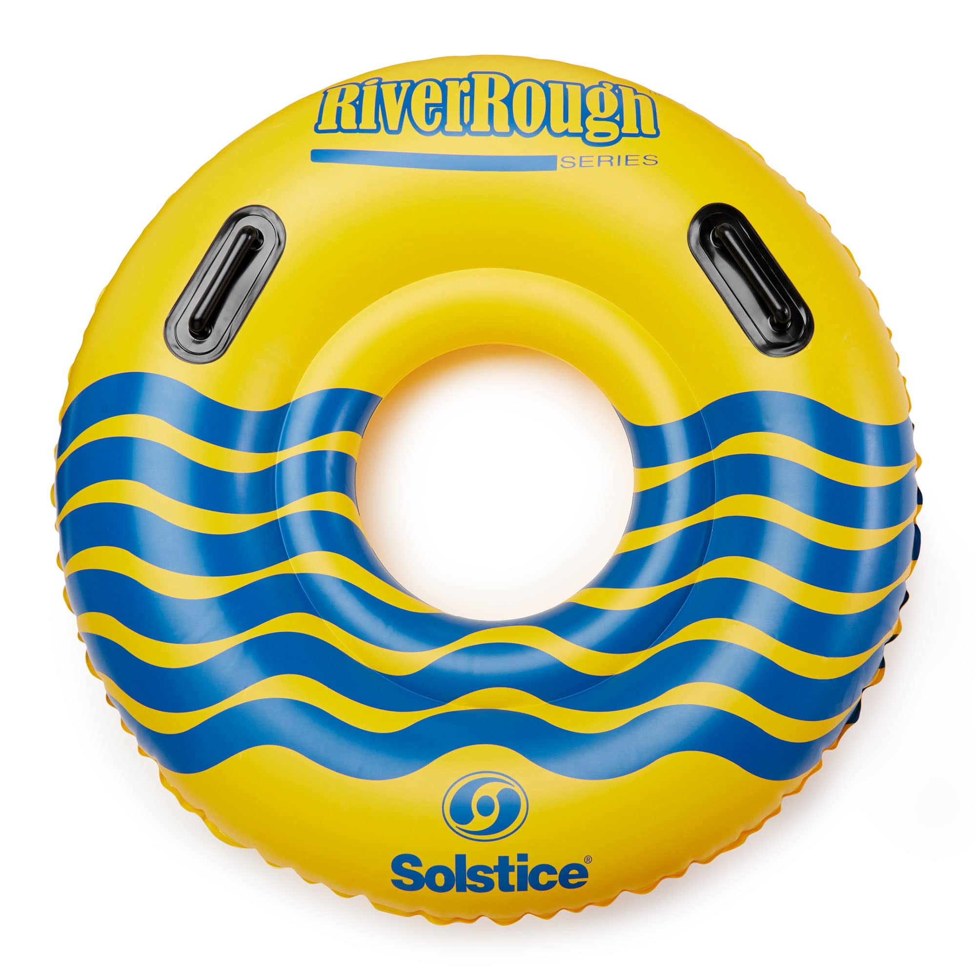 Swimline 17035ST Solstice River Rough 48" Round Heavy Duty Inflatable Inner Tube Swimming Pool 1 Person Lake Float with Handles, Yellow/Blue