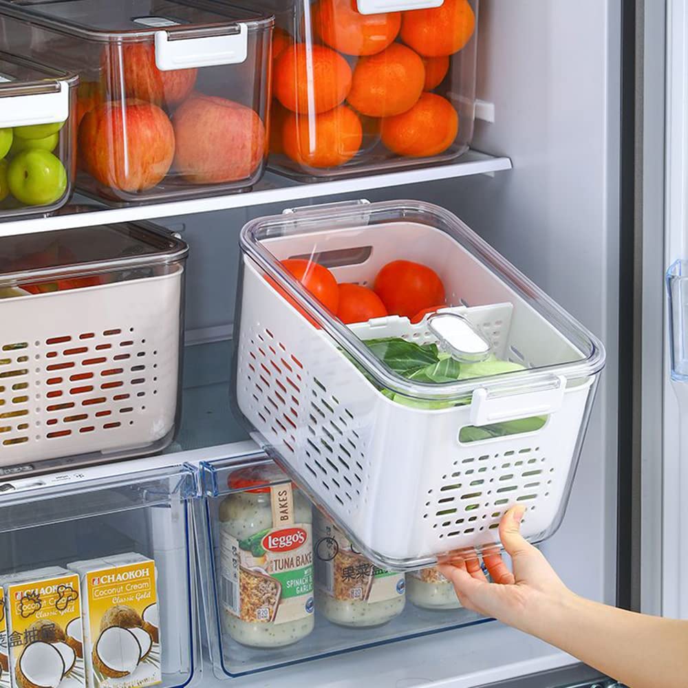 Qiveno Large Fruit Containers for Fridge - Leakproof Food Storage Containers with Removable Colander - Fridge Storage Container - Used in Storing Fruits Vegetables Meat Fresh Fish(Gray)