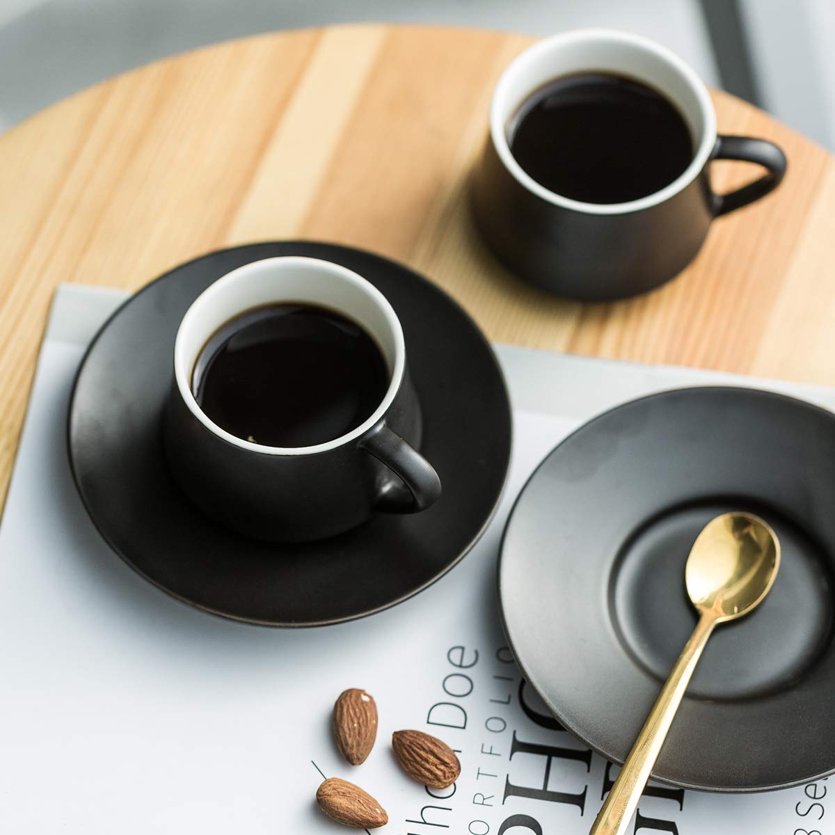 YHOSSEUN Espresso Cups with Saucers Set with Cup Holder 4 oz Cappuccino Cups Set of 6 Porcelain Espresso Cups Set and Metal Stand 3 OZ Demitasse Cup