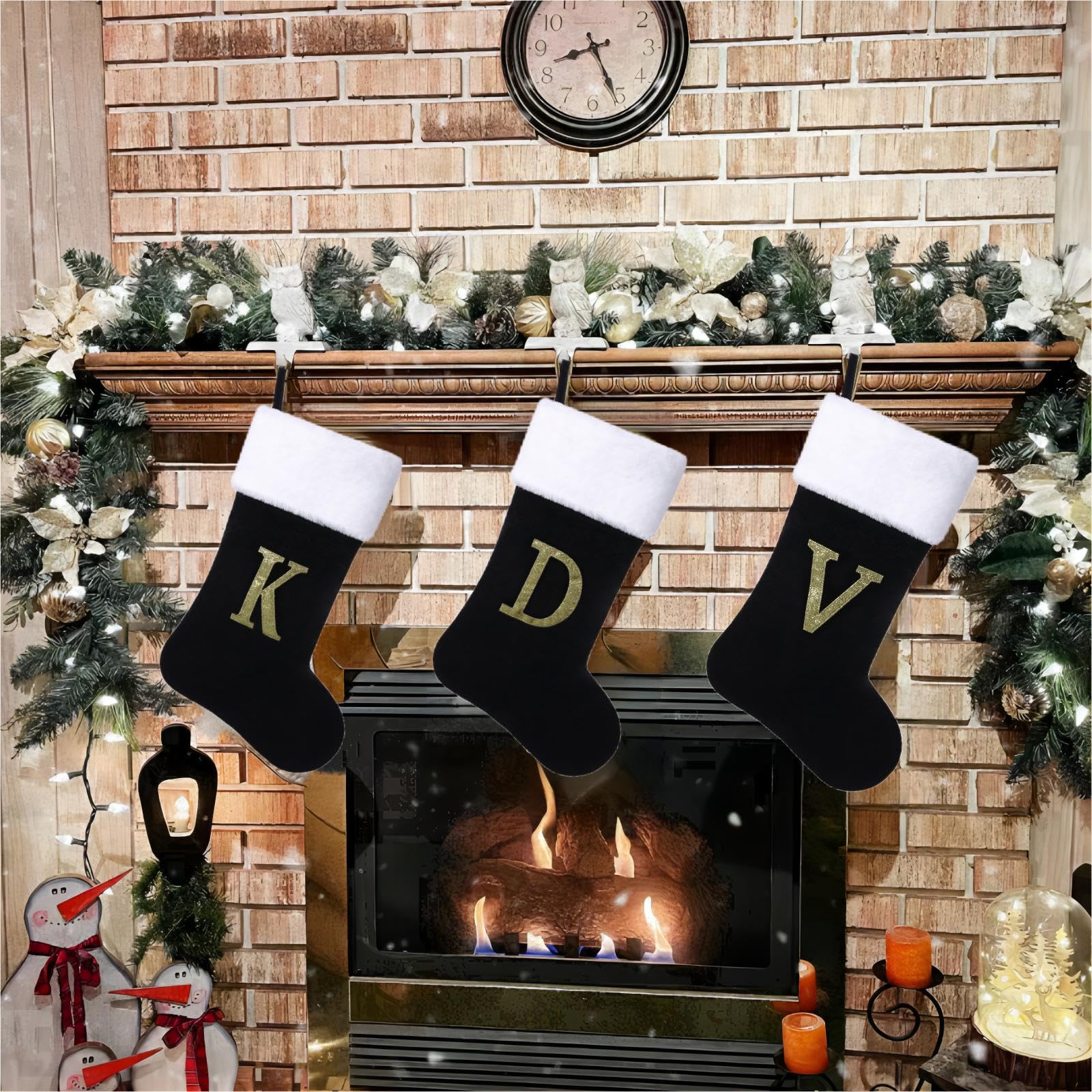 Yehnois 20 Inches Initial Monogram Christmas Stocking Personalized,Deluxe Black Velvet Body with Super Soft Plush Cuff Embroidered Letter,Holiday Season Decor(E)