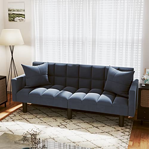 YESHOMY Futon Sofa Bed Upholstered Modern Convertible Couch with Cylindrical Pillow, Suitable for Bedroom, Apartment, Dormitory Retro Style, Navy Blue