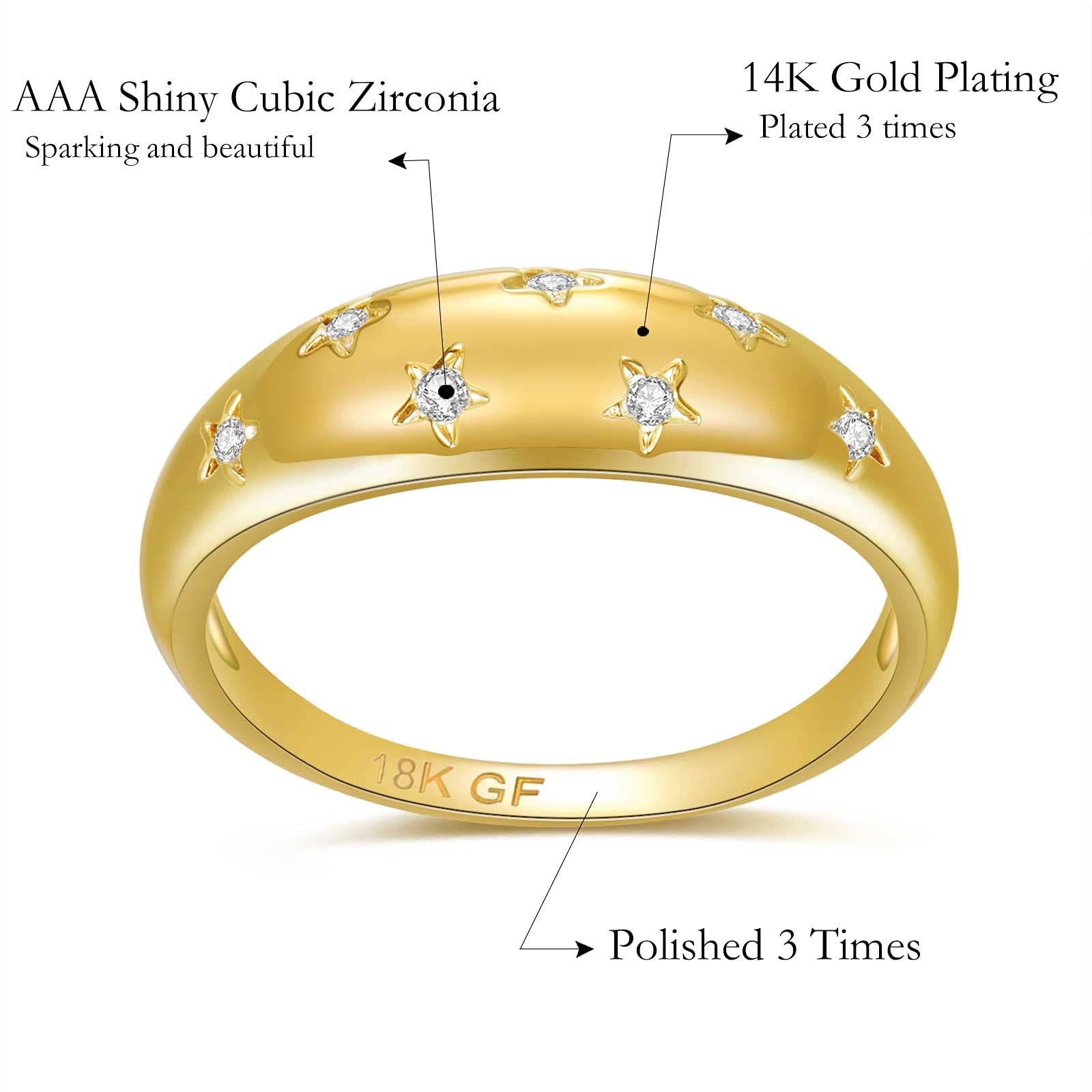 YIGONUM 7 Stars Signet Chunky Dome Ring 14K Gold Plated Stacking Band Ring For Woman Minimalist Statement Ring Size 6