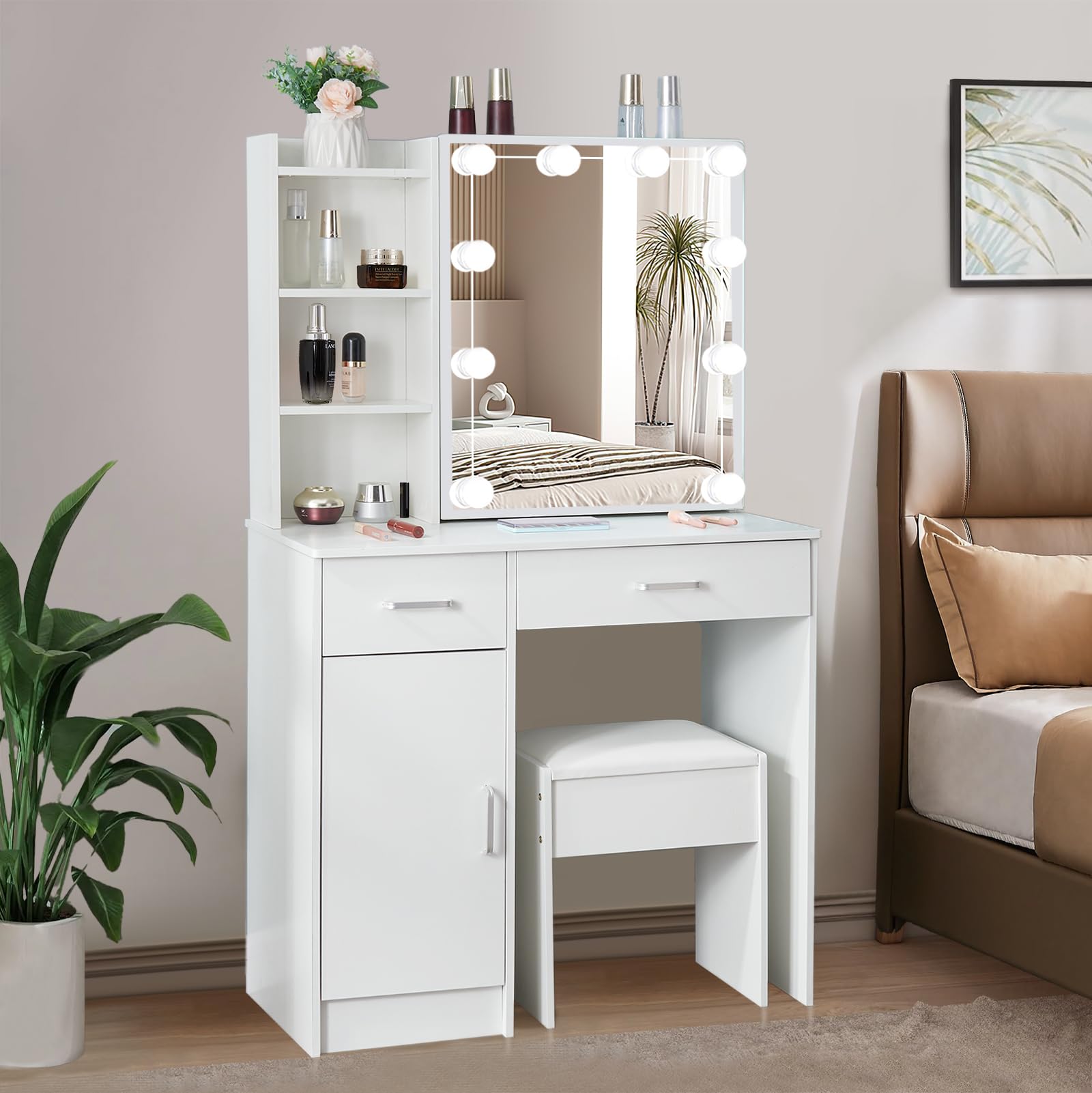 Vanity Desk, 35" W Makeup Vanity with Light & Mirror - 3 Lighting Modes Brightness, Large Drawer & Two Level Storage, Hidden and Open Shelves