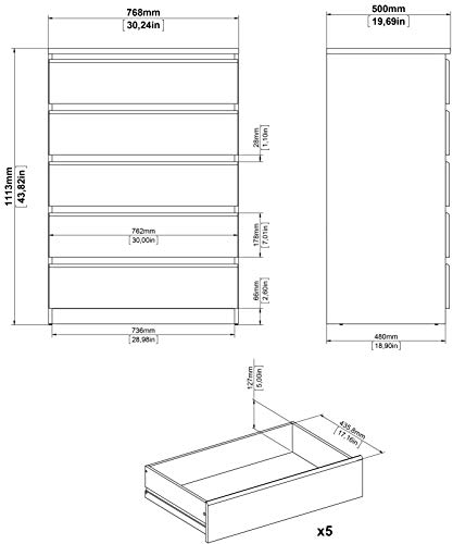 Tvilum 5 Drawer Chest, White Wood Grain