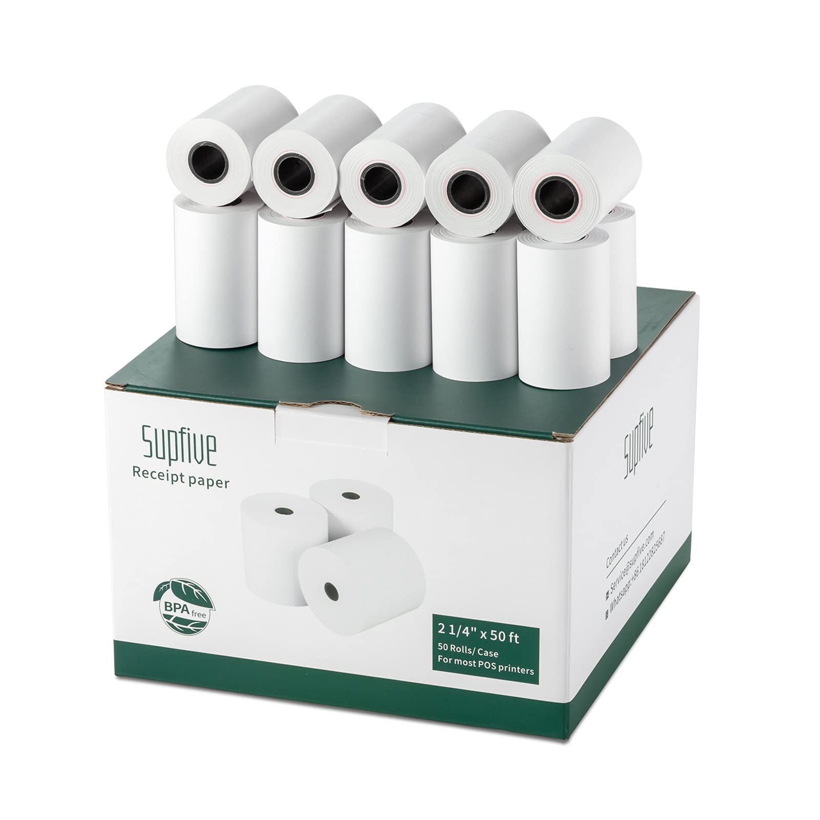 Supfive Thermal Receipt Paper 2 1/4" ×50ft (50 Rolls) BPA Free Fit Register Printer POS System