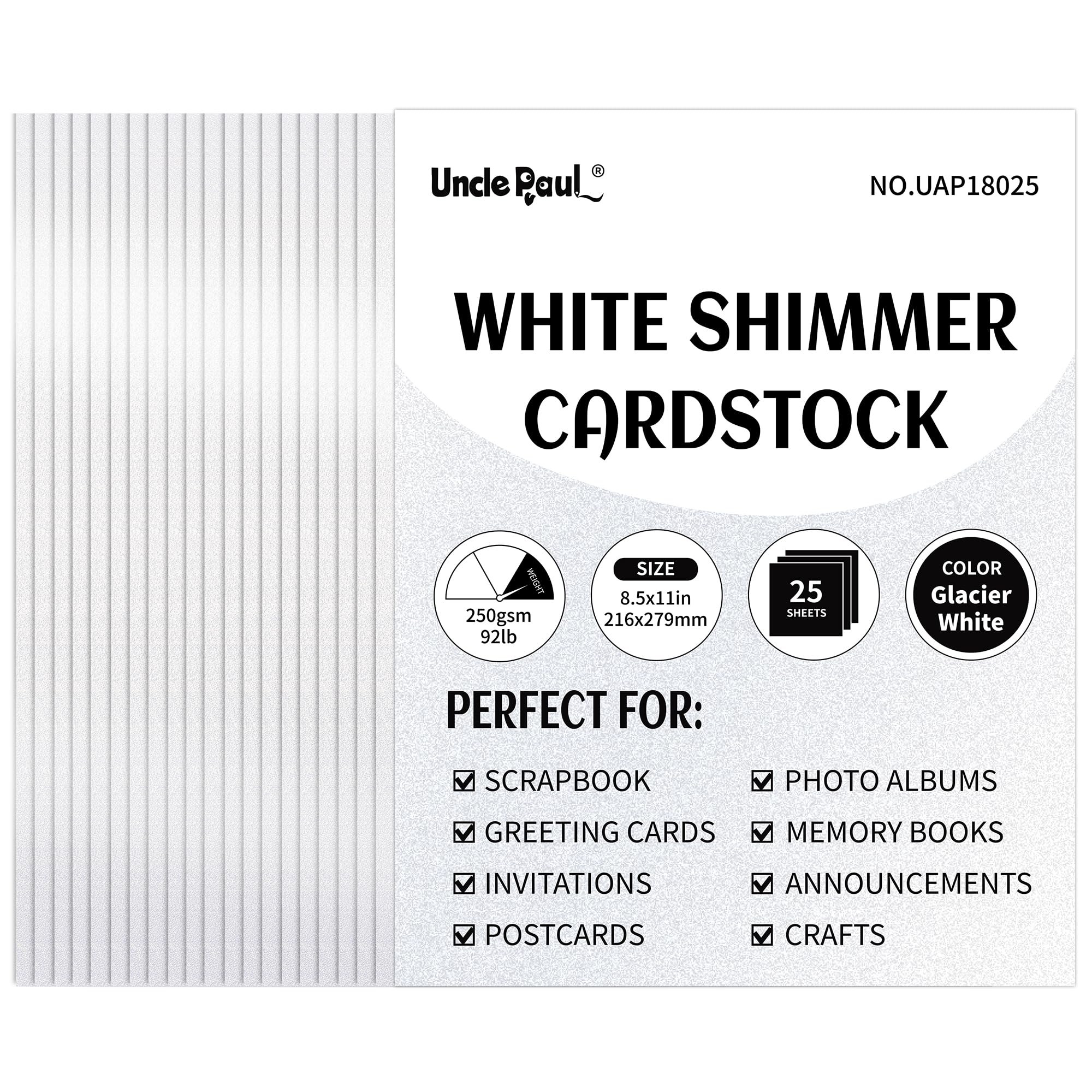 White Shimmer Cardstock Paper, 25 Sheets 250gsm/92Ib Pearlescent Paper for Crafts, Double-sided Shiny Cardstock for DIY Projects Birthday Wedding Decoration UAP18025