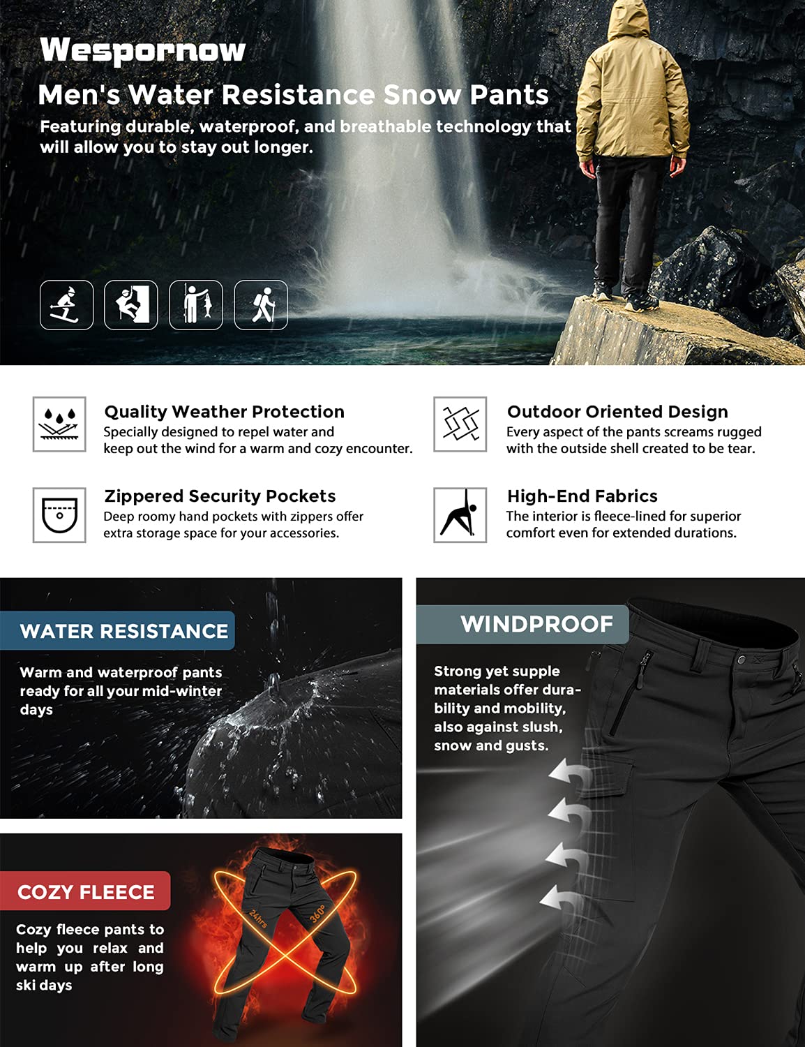 Wespornow Men's-Fleece-Lined-Hiking-Pants Water-Resistance-Snow-Ski-Pants Softshell Snowboarding Pants for Winter, Skiing, Outdoor (Black, XX-Large)