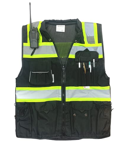 Vero1992 (C) Vest Mens Class 2 Black Series Safety Vest With Zipper and Utility Pockets Premium Black Series Surveyors Vest (L, Black)
