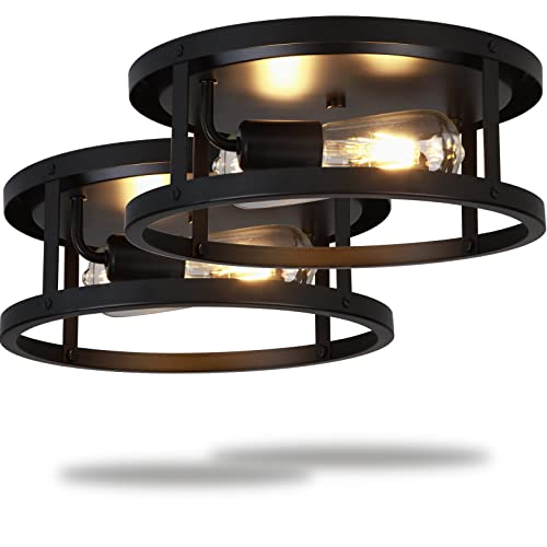 UPSEED 2 Pack Industrial Ceiling Light, 2-Lights Hallway Ceiling Light Fixtures, E26 Base Anti-Corrosion Black Flush Mount Ceiling Light for Hallway Kitchen Dinning Room Laundry Room …