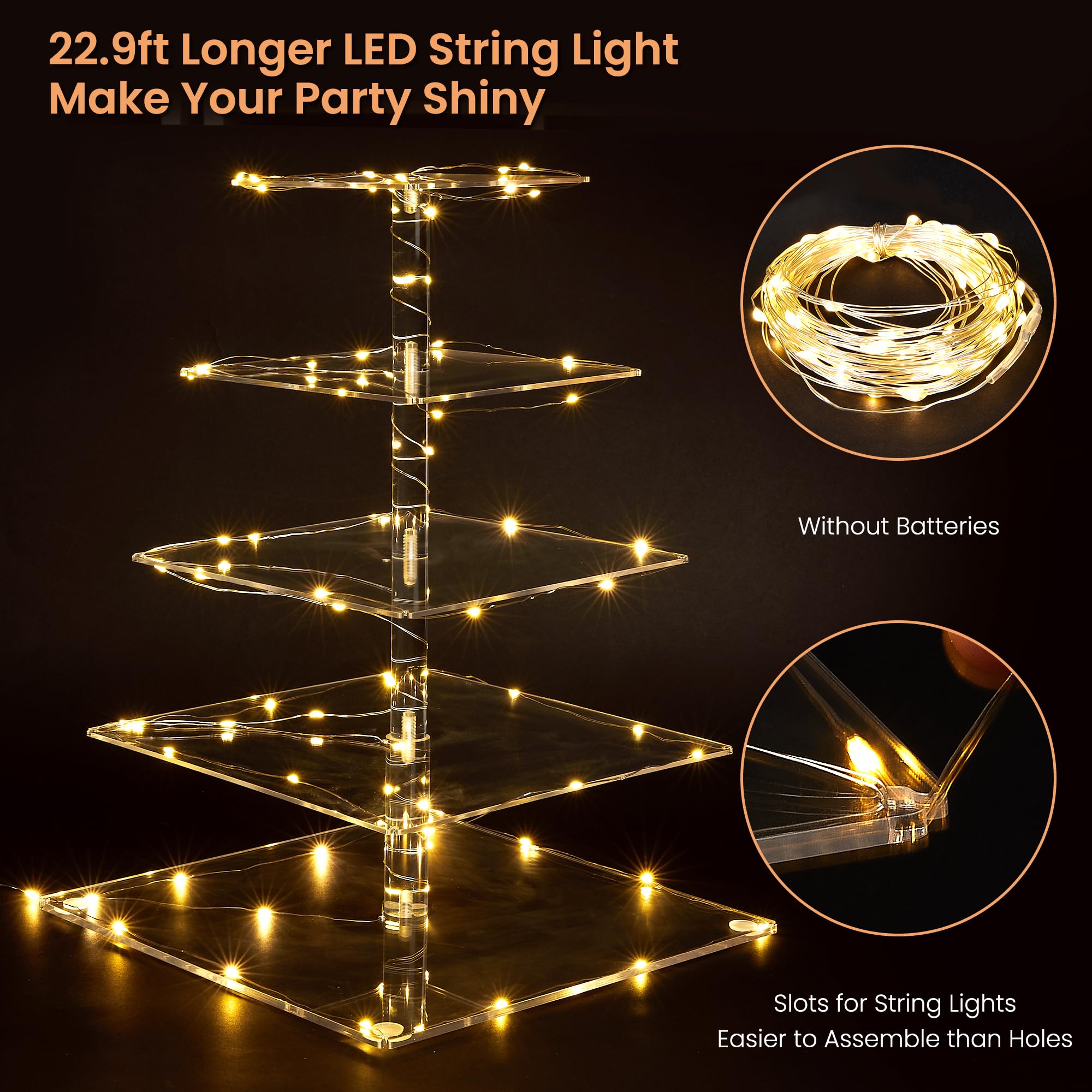 upsimples 5 Tier Acrylic Cupcake Stand, Dessert Tower for 56 Cupcakes, Square Cupcake Display Stand with Yellow LED Light for Birthday, Baby Shower, Tea Party and Wedding Décor