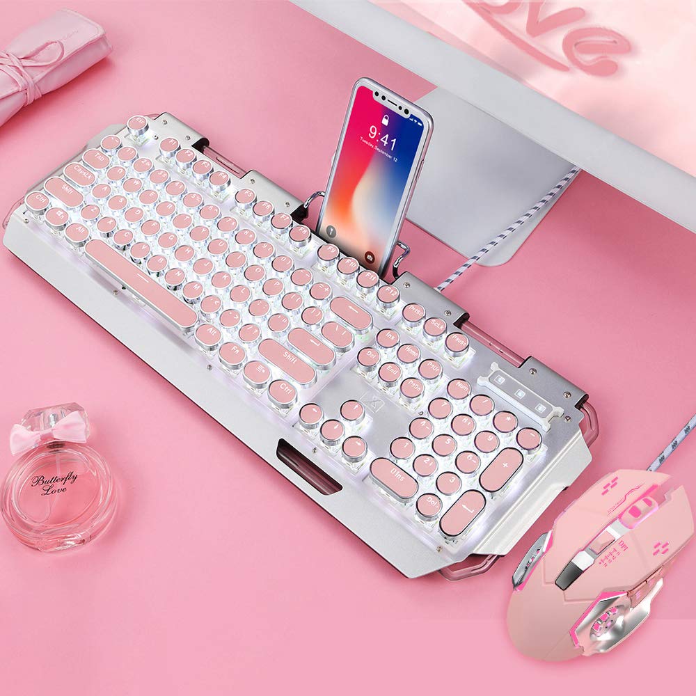TISHLED Typewriter Style Mechanical Gaming Keyboard and Mouse Combo, 104-Key Anti-Ghosting Blue Switch Retro Steampunk Round Keycaps Metal Panel White LED Backlit Wired USB for PC, Mac, Laptop (Pink)
