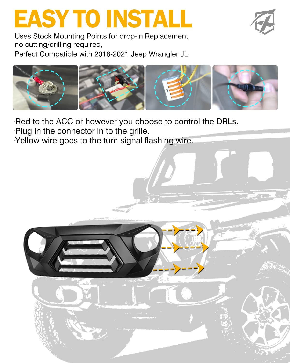 Xprite Front Grille with Turn Signals and Daytime Running Light, Matte Black Grille Compatible with 2018-2024 Jeep Wrangler JL JLU & 2020+ Gladiator JT