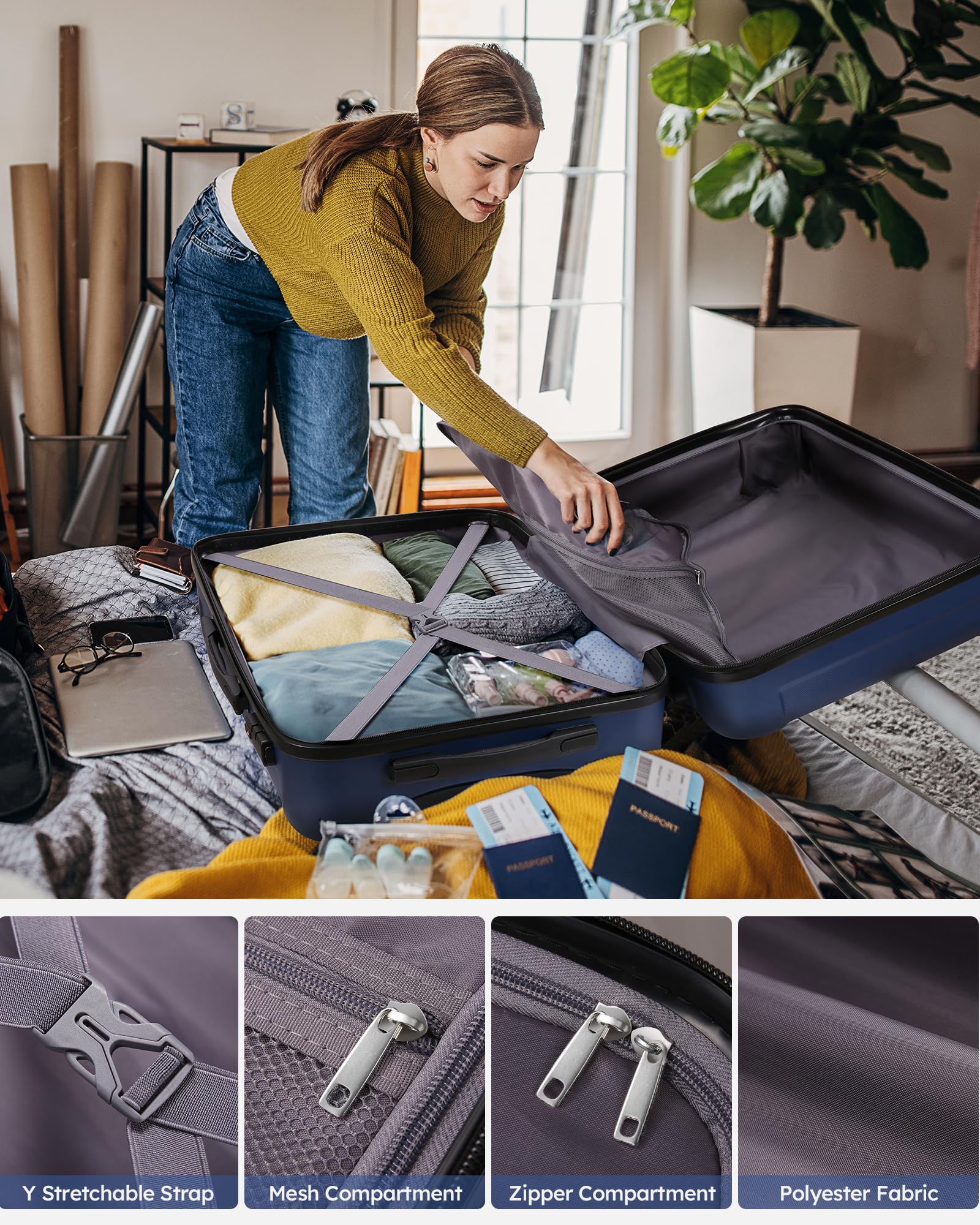 SunnyTour Luggage Sets 3 Pieces with Spinner Wheels Hardside Suitcase Set for Travel Business, Dark Blue