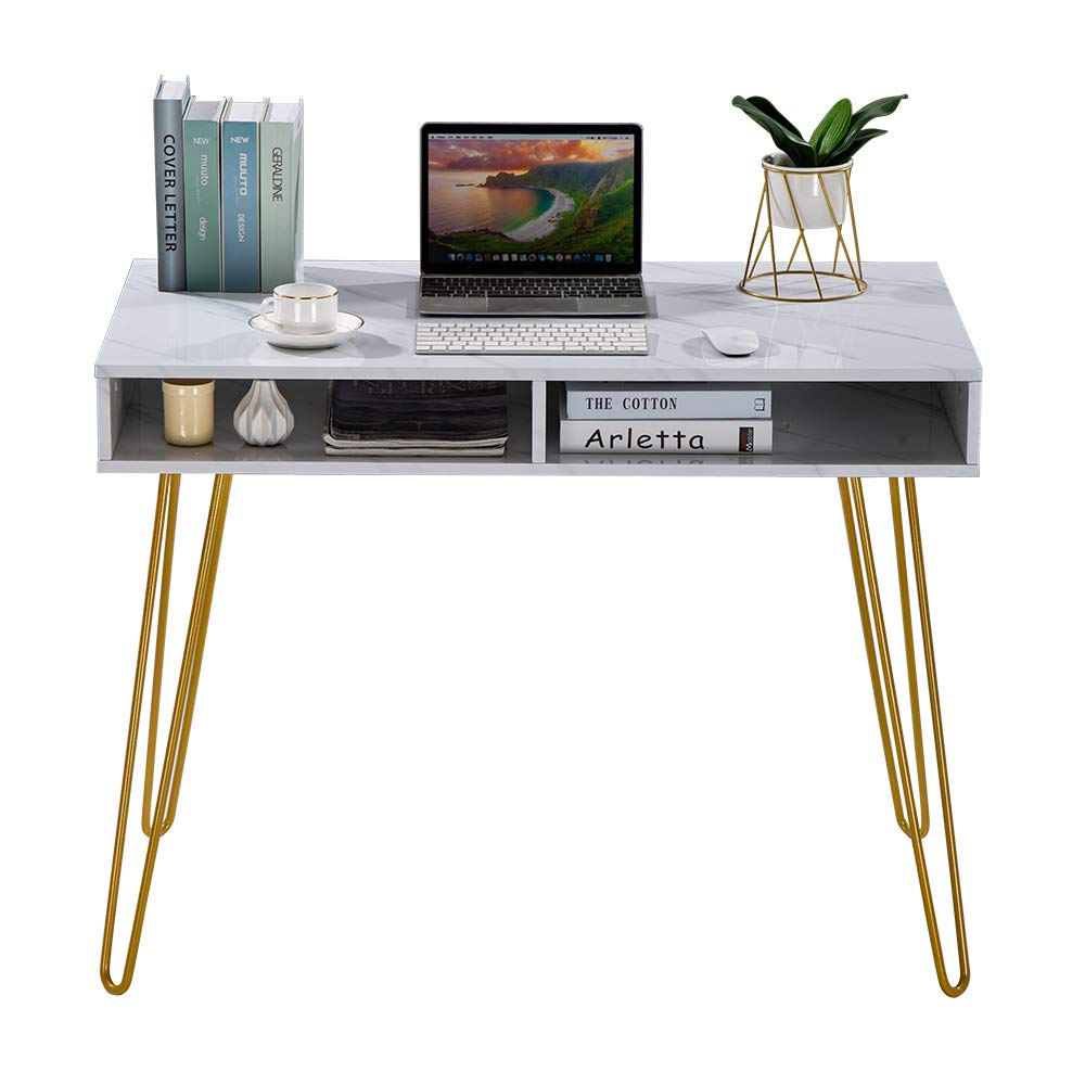 SSLine Gold and White Computer Desk Modern Writing Table Makeup Vanity Desk with White Faux Marble Top and Golden Metal Frame Elegant Laptop PC Workstation w/Two Storage Drawers for Home Office