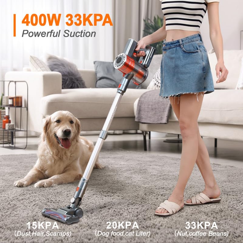 YESMAE Cordless Vacuum Cleaner Up to 55 Minutes Runtime: Powerful 33Kpa Suction, 400W Brushless Motor, LED Headlight, 8-in-1 Easy Switching Between Stick Vacuum & Lightweight Handheld Vacuum