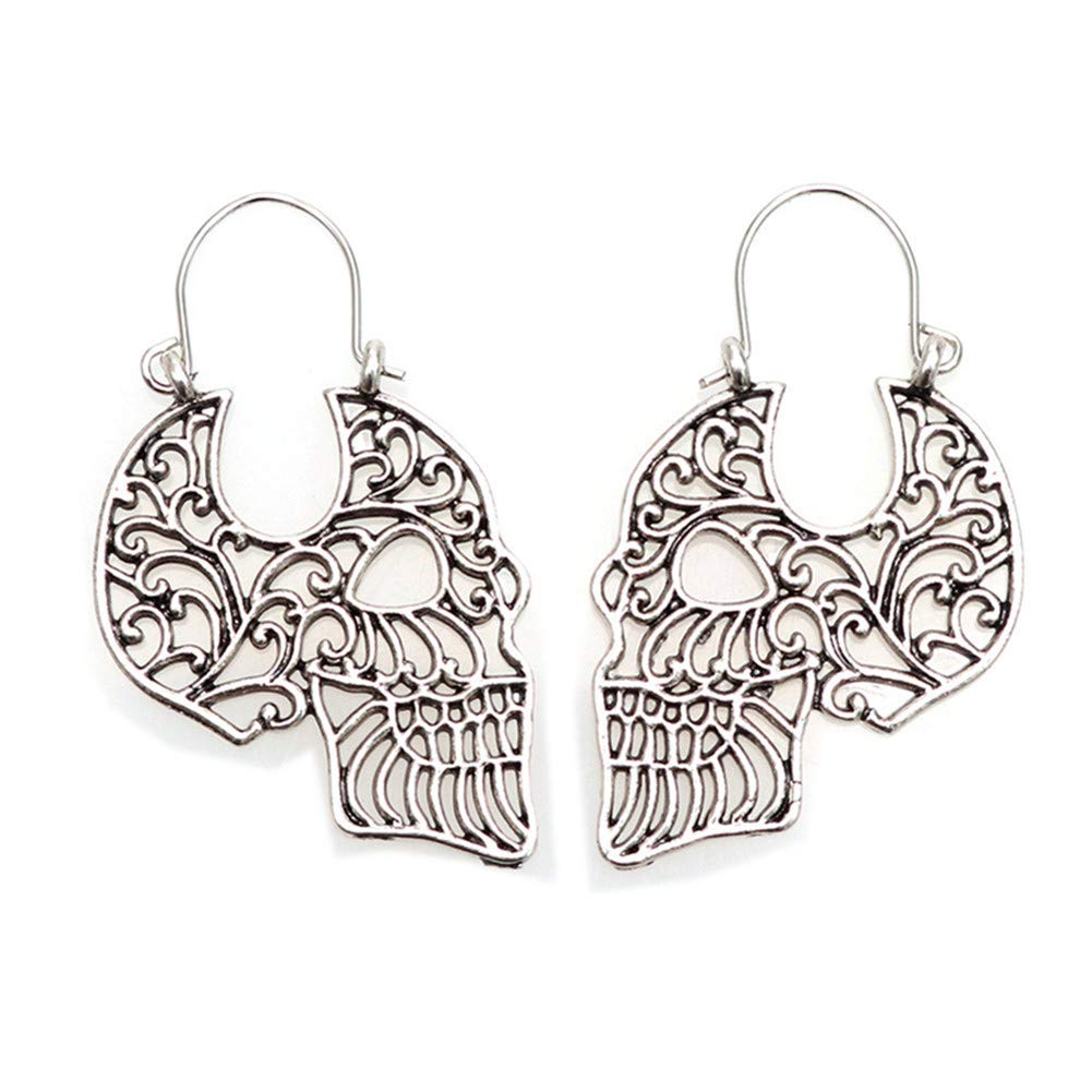 Unisex Skeleton earrings Spooky Skull earrings Hollow Silver Tone Halloween Earrings Dangle Human Skeleton Head Charm Lever-back Dangling Earrings For Women Men