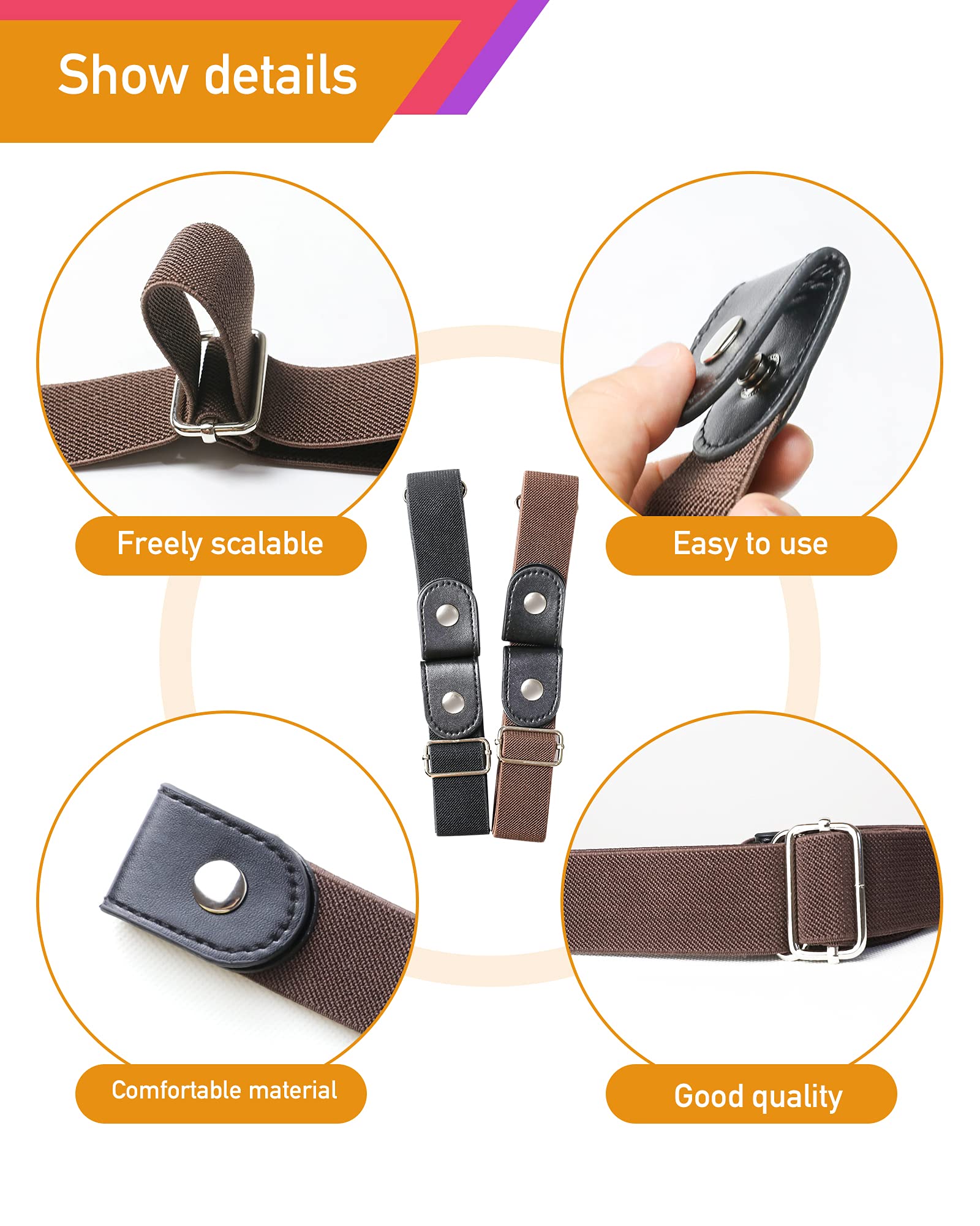 YUNDUOJIA No Buckle Comfortable Elastic Stretch Belts for Womens, Black Elastic Waist Adjustable Invisible Belts for Jeans Pants(2 Sets)