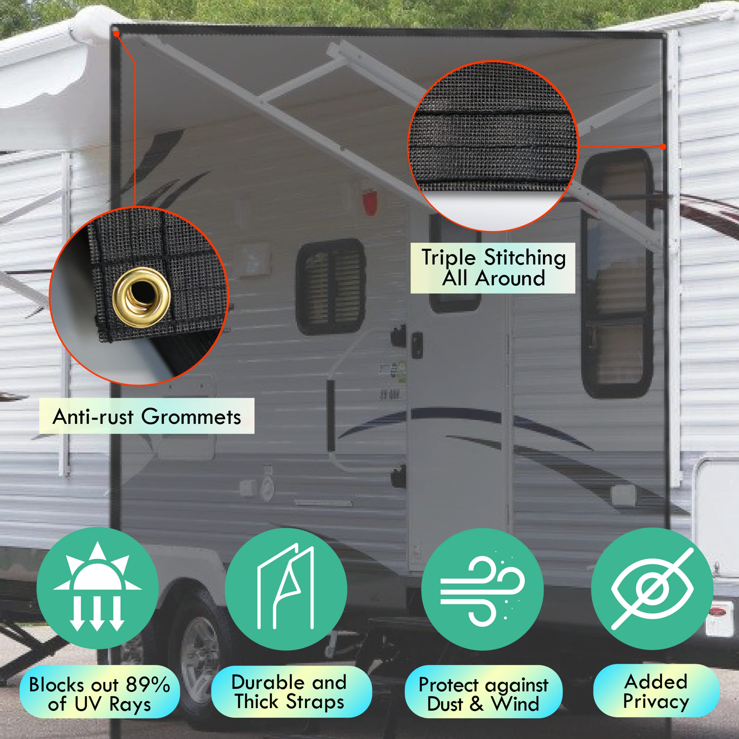 RV Sunscreen Shade for Awning V2.0 | 8’x15’3” | Front RV Screen Awning + Metal Anchor Kit | RV Awning Sun Blocker | Zippered RV Awning Shade Screen | Wind Protection, Shade & Privacy!