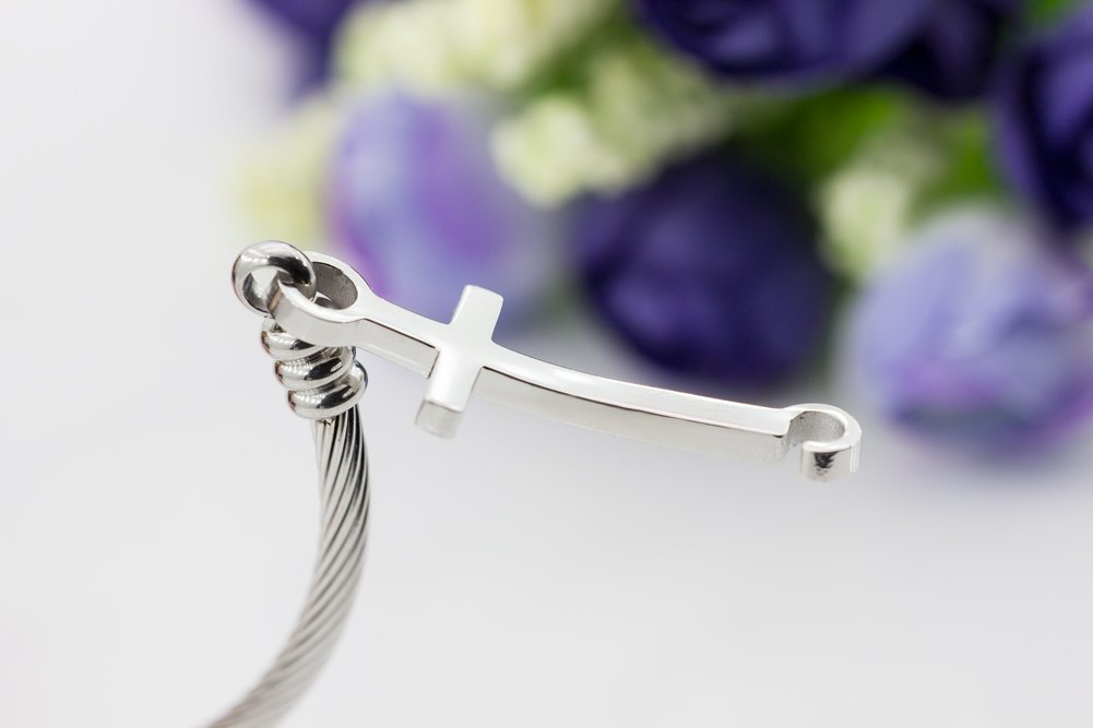 WDSHOW Sideways Cross Bracelet Cuff Bangle Stainless Steel Silver-Tone