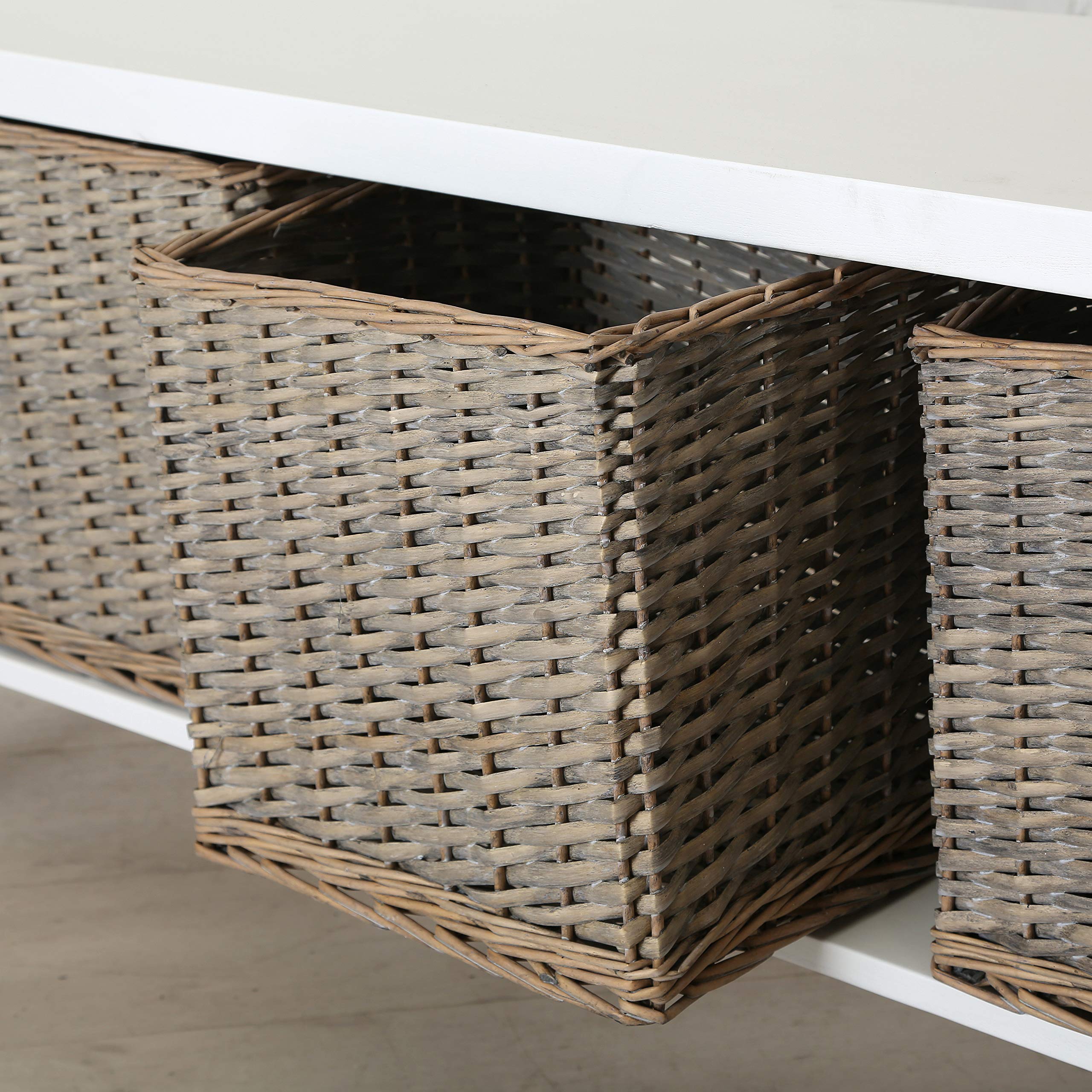 WHW Whole House Worlds Hamptons Bench, A-Frame Storage, Coastal Style Cubbies, White with 3 Brown Willow Wicker and Wood Baskets, MDF Frame, 57 Long x 12.75 Wide x 19.75 Tall Inches