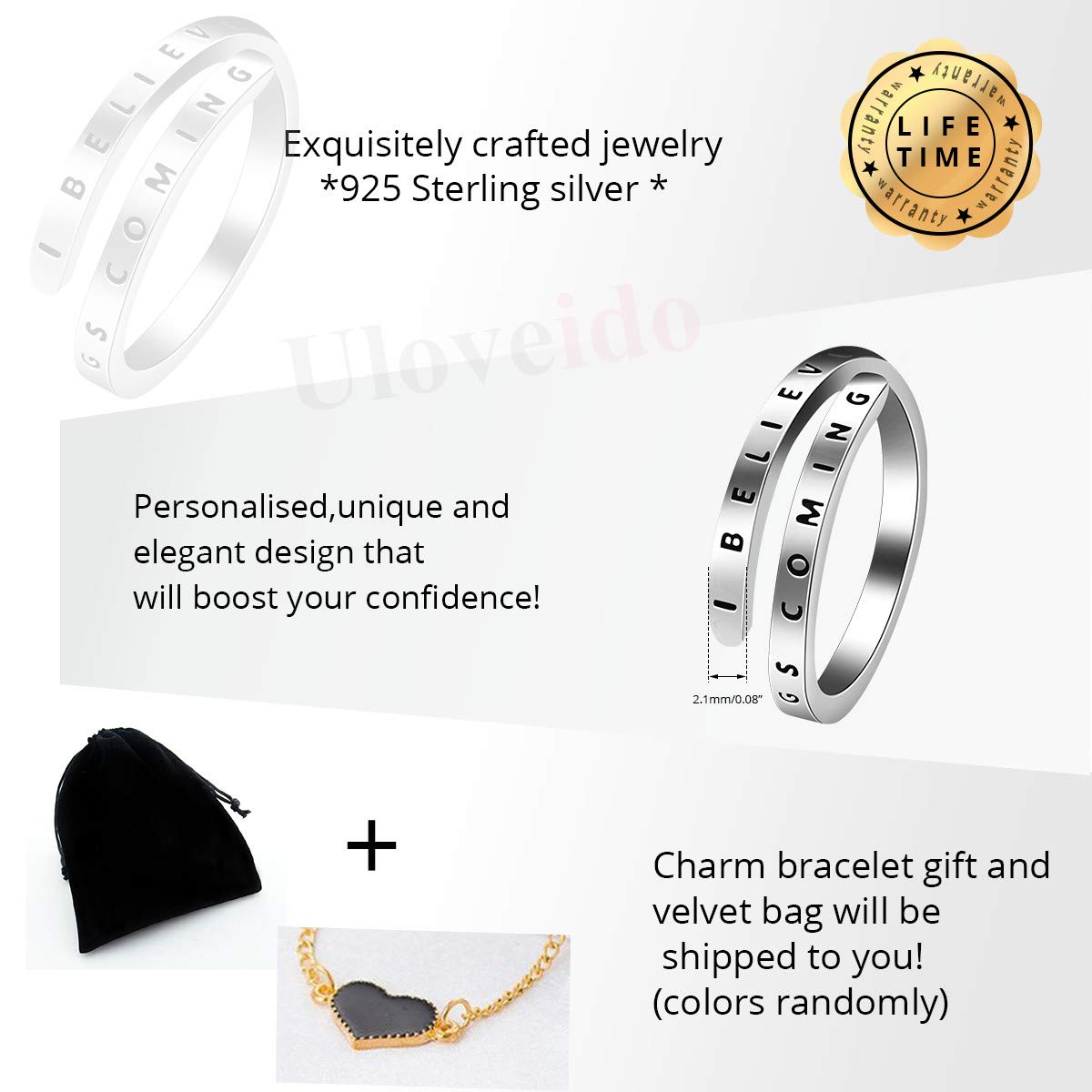 Uloveido Adjustable 925 Sterling Silver Inspirational Ring, I Believe Open Wrap Band Rings Y550 (Platinum)