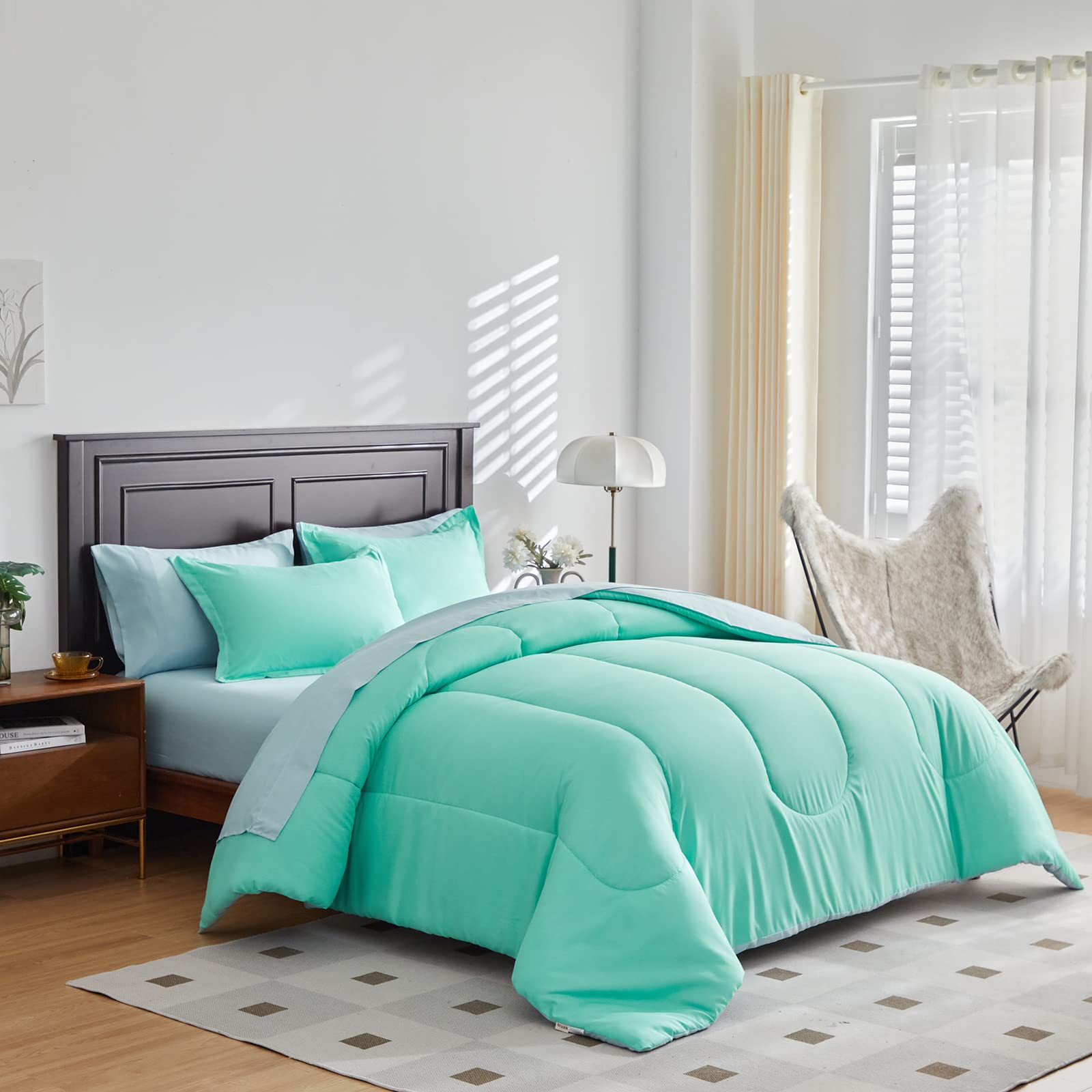 UOZZI BEDDING Teal King Comforter Set 7 Pieces Bed in a Bag with Spring Comforter King Size,Blue Sheets, Pillowcases & Shams Reversible Soft All Season Bed Set