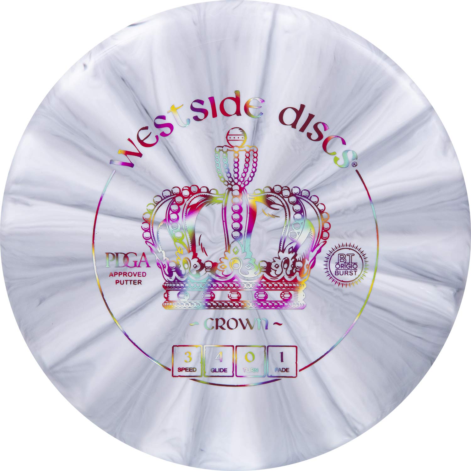 Westside Discs Origio Burst Crown Disc Golf Putter | Frisbee Golf Putt and Approach Disc | Great Off of The Tee Box Throwing Stable Putter | 170g Plus | Stamp Color and Burst Pattern Will Vary (Gray)