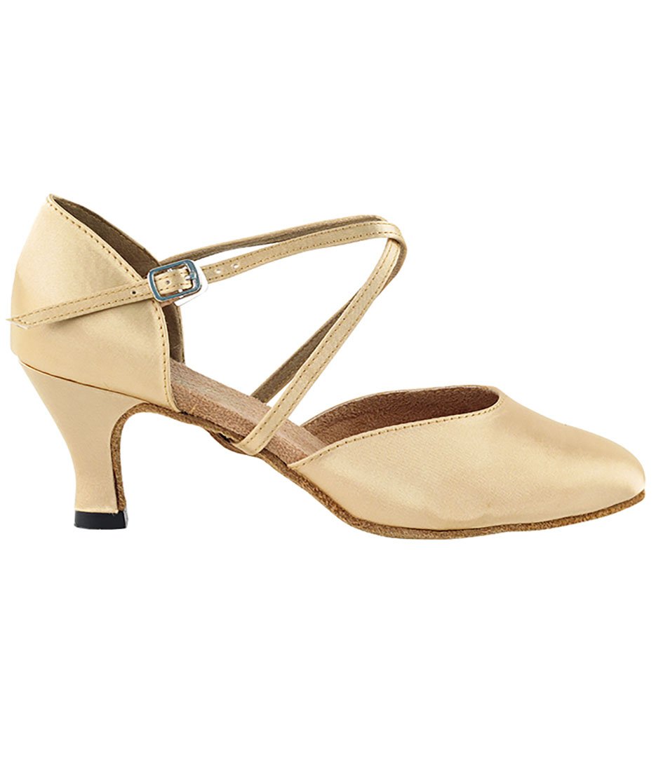 Very Fine Dance Shoes - Ladies Latin, Rhythm, Salsa, Waltz, Wedding Dance Shoes - 9691-2.5-inch Heel and Foldable Brush Bundle - Light Brown Satin - 8.5