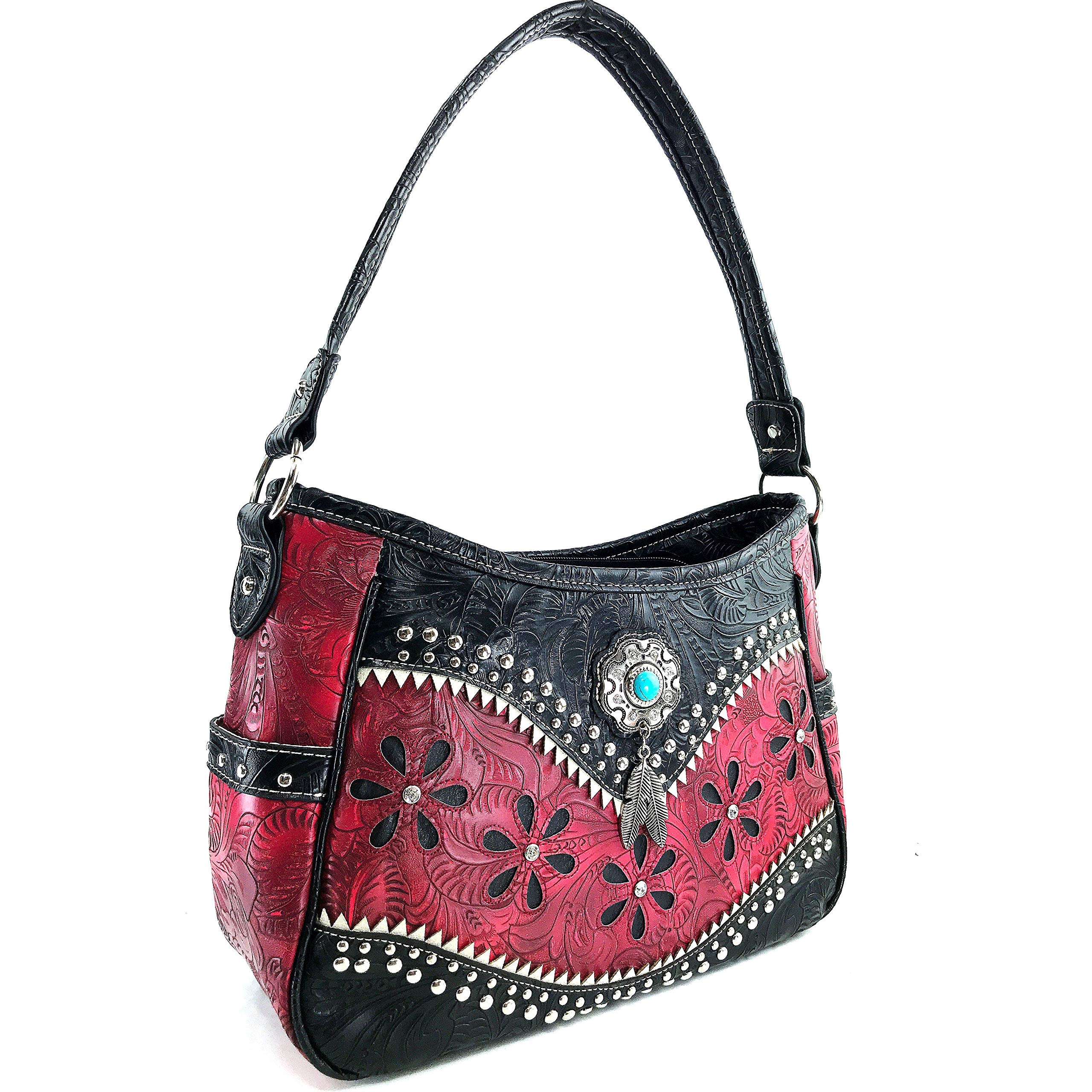 Zelris Floral Western Pu Tooled Leather Turquoise Concho Feathers Conceal Carry Women Hobo Purse Handbag (Red)