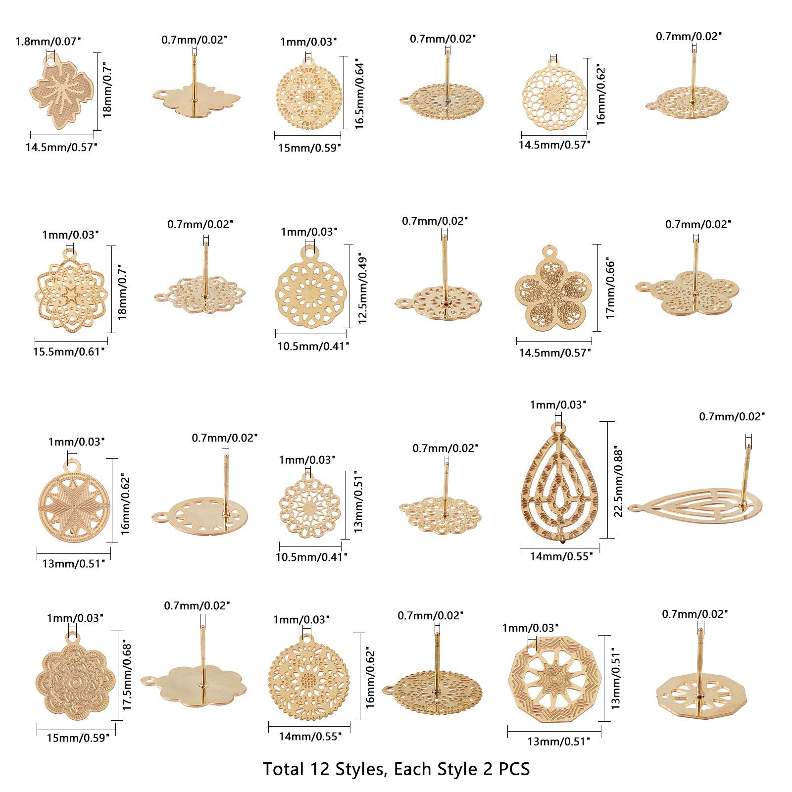UNICRAFTALE 24pcs 12 Styles Golden Bohemian Stud Earring Findings Stainless Steel Ear Stud Component with Loop Butterfly Stoppers 0.7mm Pin Mixed Shapes Earring for Jewelry Making, Hole 1mm