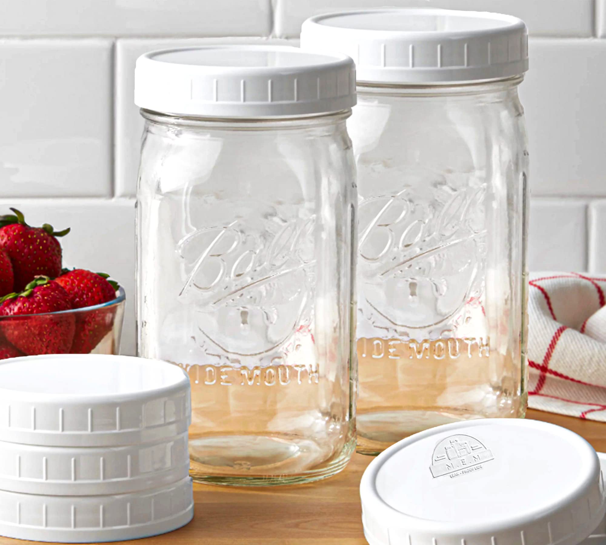 Wide Mouth Mason Jars 32 oz - (2 Pack) - Ball Wide Mouth 32-Ounces Quart Mason Jars with White M.E.M Food Storage Plastic Lids, Caps Fit Ball and Kerr Wide Mouth - For Storage, Freezing, Leak Proof,