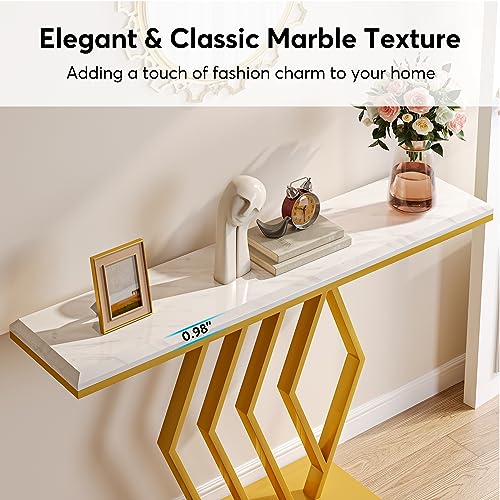 Tribesigns Gold Console Table, 47 Inch Faux Marble White Entryway Sofa Table with Geometric Base, Modern Narrow Accent Table Behind Couch for Living Room, Hallway, Foyer, Entrance