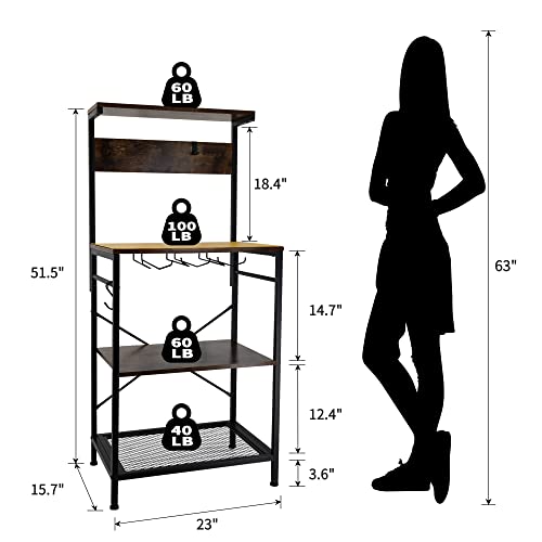 SUNTAGE Kitchen Baker's Rack, Microwave Stand with Storage Cabinet, Coffee Bar Station, Kitchen Shelf Organizer with 4-Tier Shelves, Wine Cup Holders, Kitchen Rack Rustic Brown