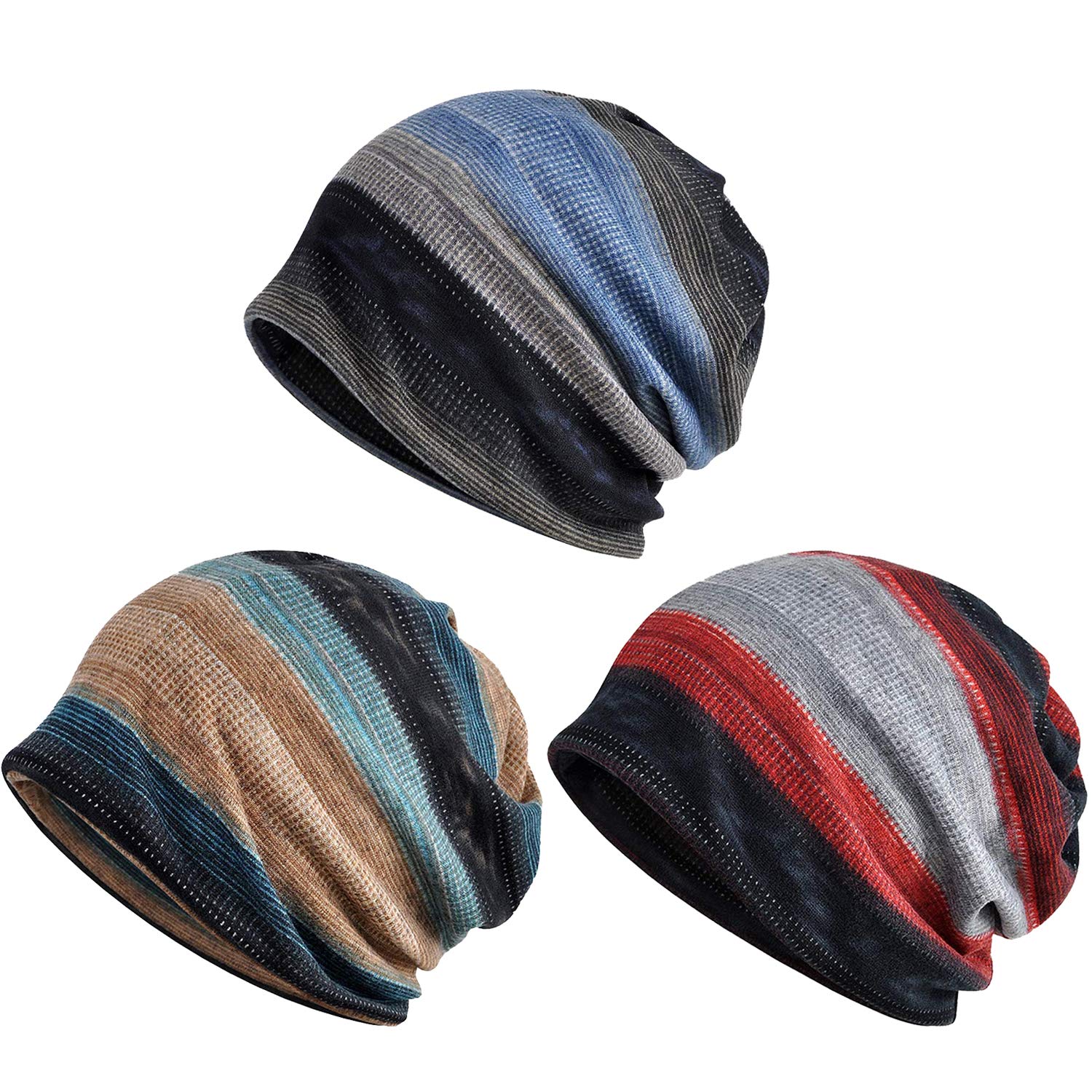 Zando Unisex Soft Beanie Cap Striped Slouchy Chemo Hat Travel Scarf Turban Cozy Skull Cap Lightweight Stretch Sleep Hat for Men Women Blue & Red & Camel Blue One Size