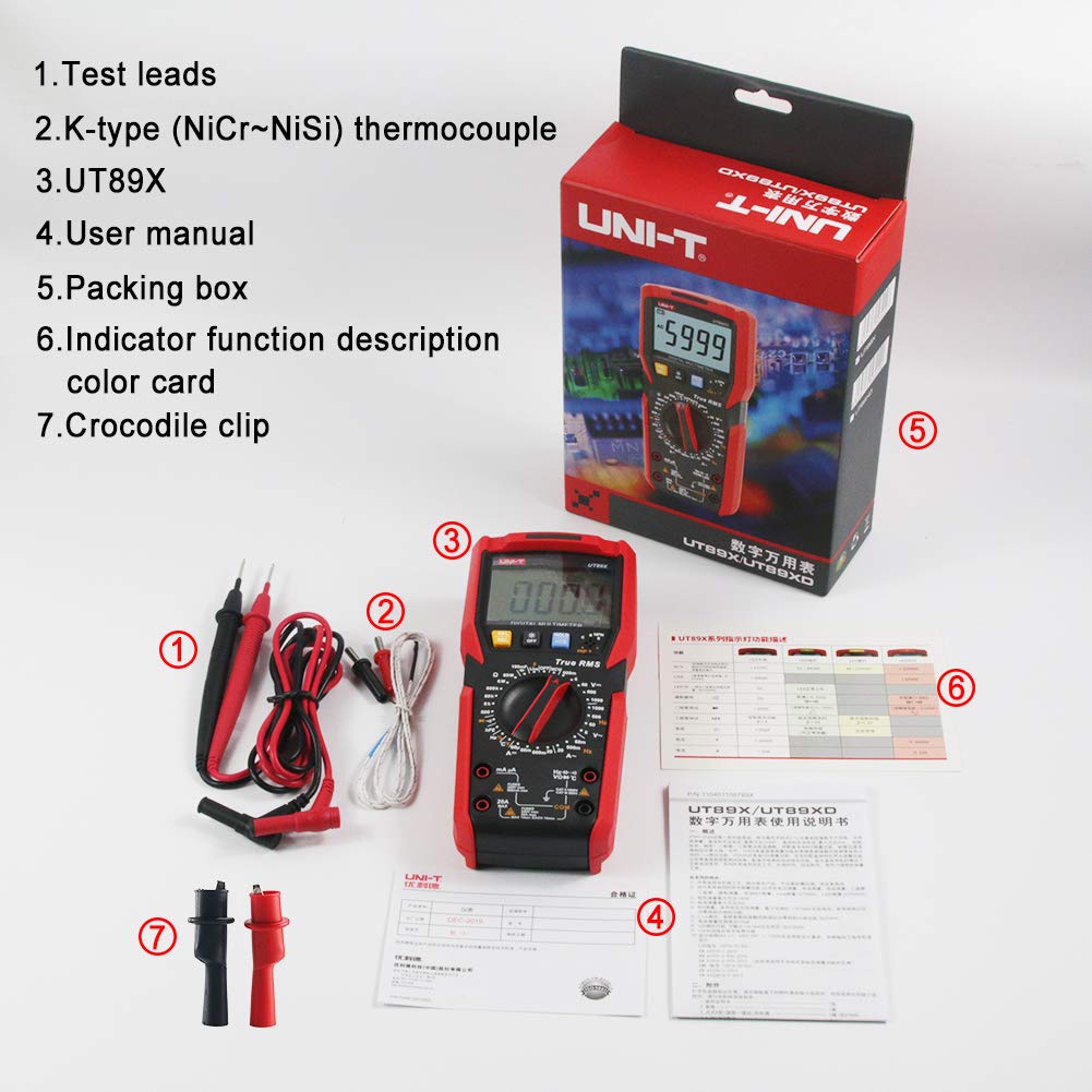 UNI-T UT89X Digital Multimeter,TRMS 6000 Counts Volt Meter Manual Ranging,Measures AC/DC Voltage Tester,Resistance,Capacitance,Diode,NCV,Temperature,LED Test (UT89X)
