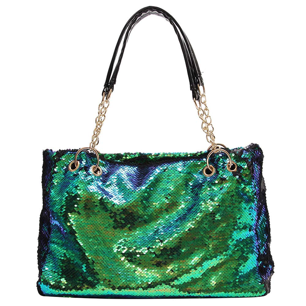 QTKJ Fashion Two Tone Reversible Sequin Tote Bag Zipper Shoulder Bag with Chain and Leather Straps (Green)